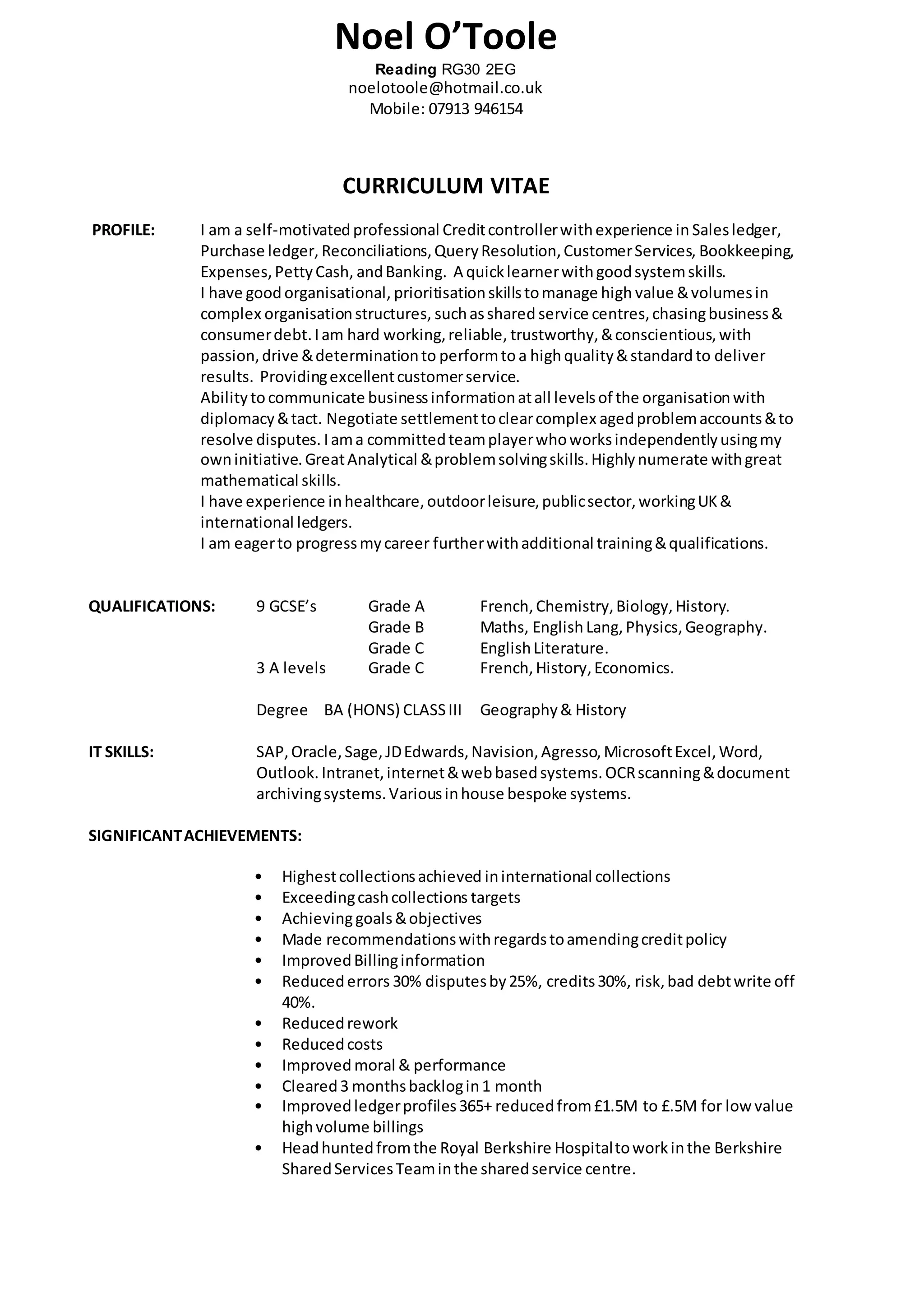 Noel Otoole CV 05072013 | DOCX