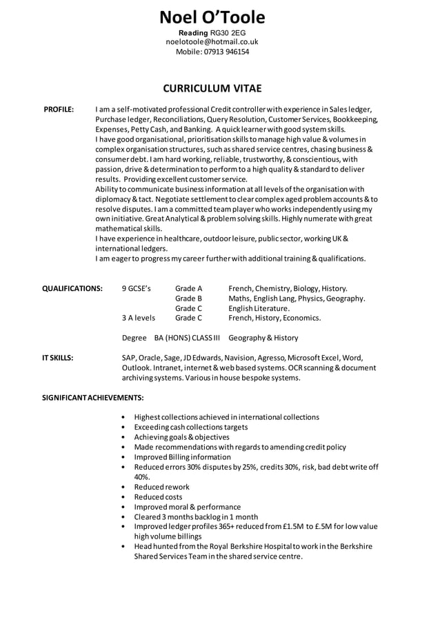 Noel Otoole CV 05072013 | DOCX