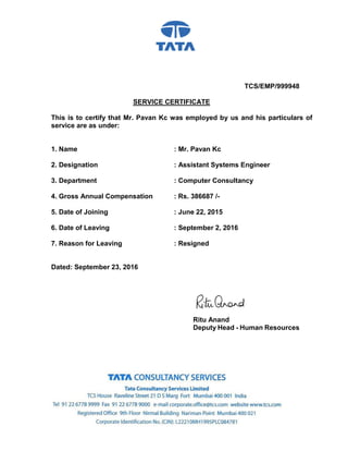 tcs experience letter | PDF