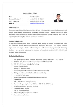Kirankumardola HSE Manager Resume (2) | PDF