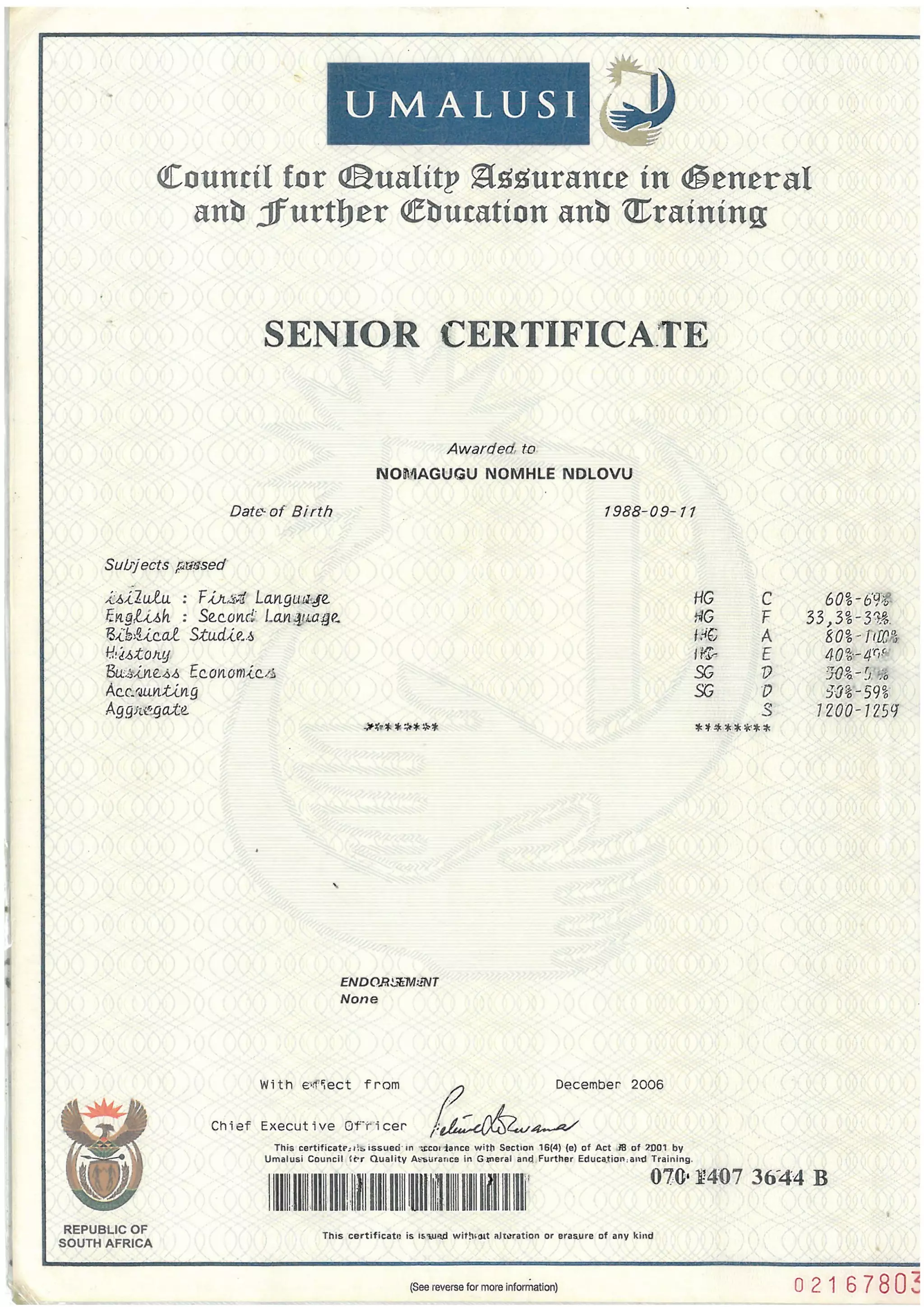 Nomagugu Matric certificate | PDF