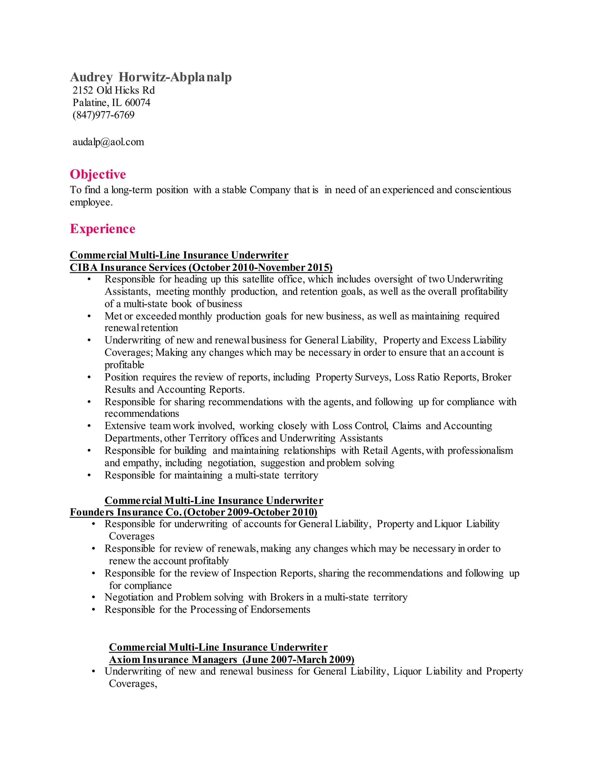 audrey's resume0314 | DOCX | Insurance | Personal Finance