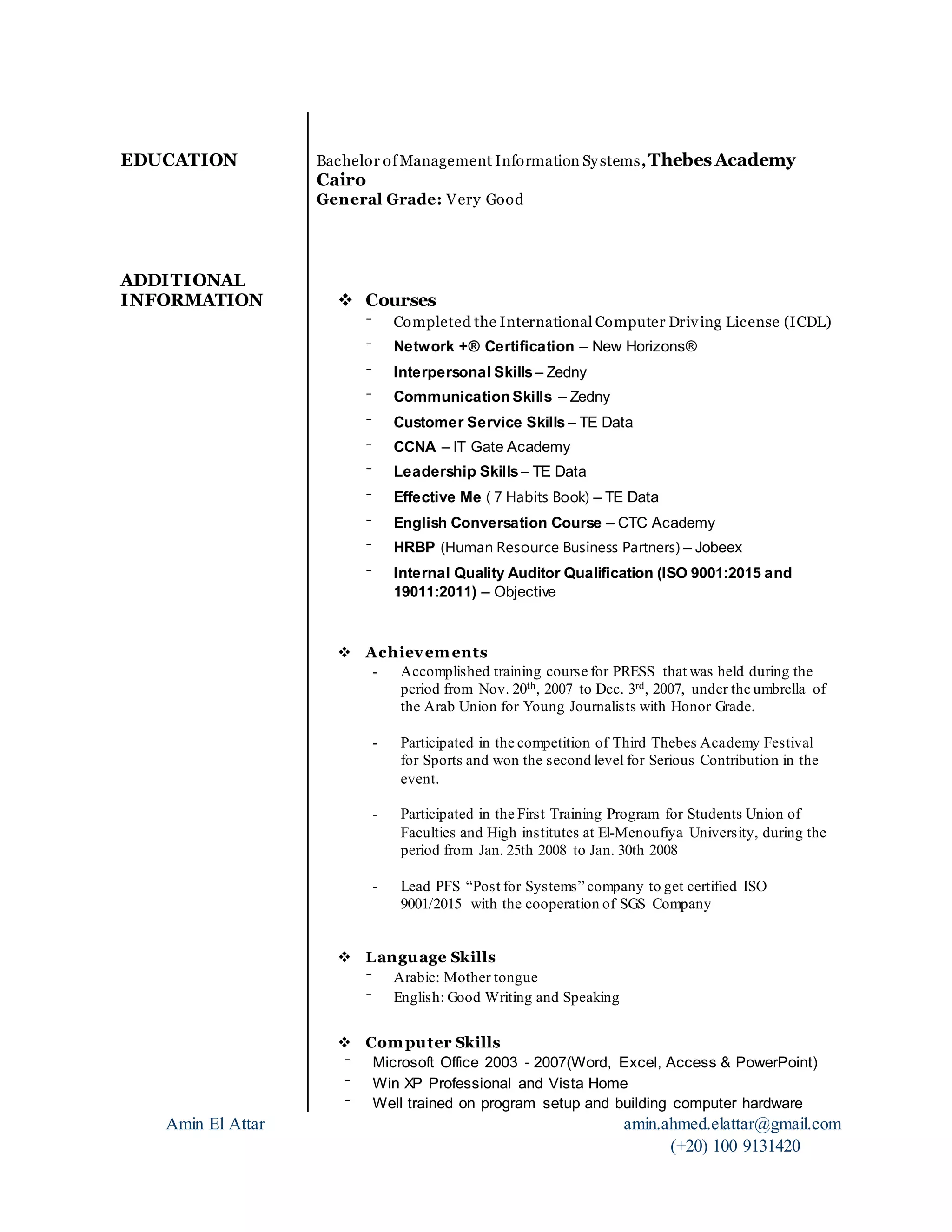 Amin El Attar's CV | PDF
