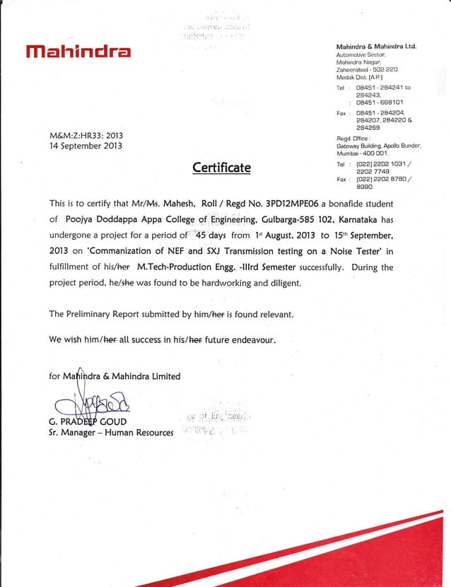 MAHINDRA INTERNSHIP | PDF