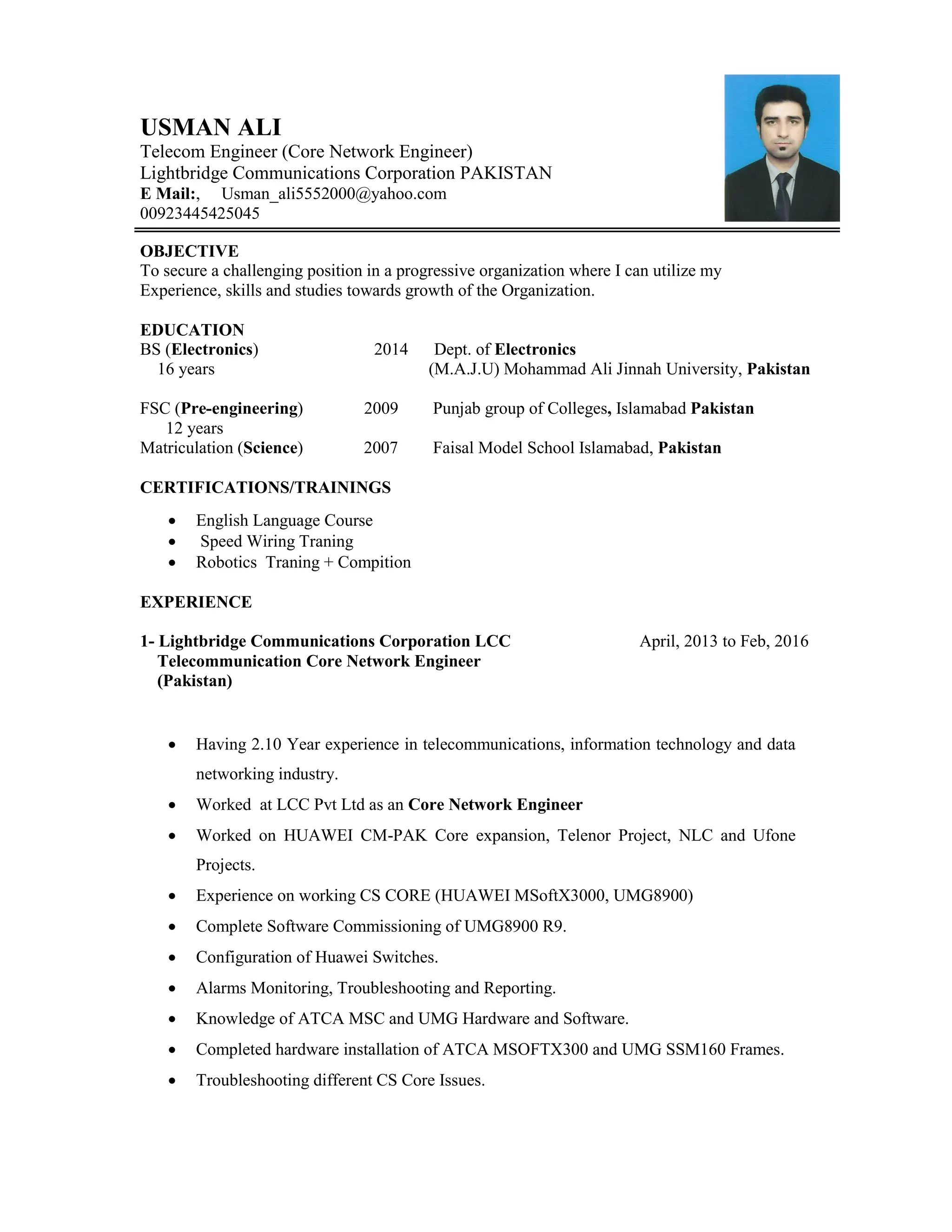 usman ali_cv | PDF | Telecommunications Industry | Industries