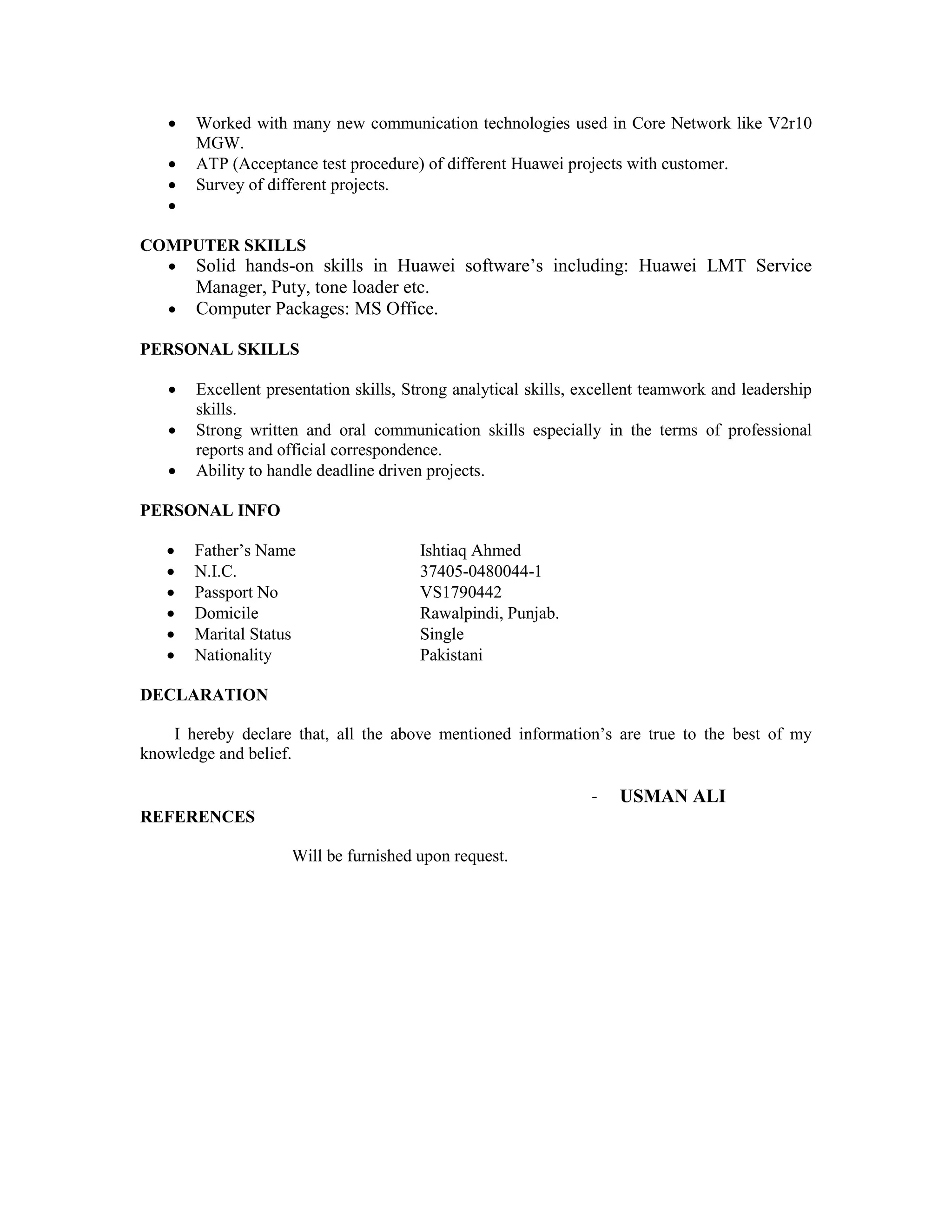 usman ali_cv | PDF | Telecommunications Industry | Industries