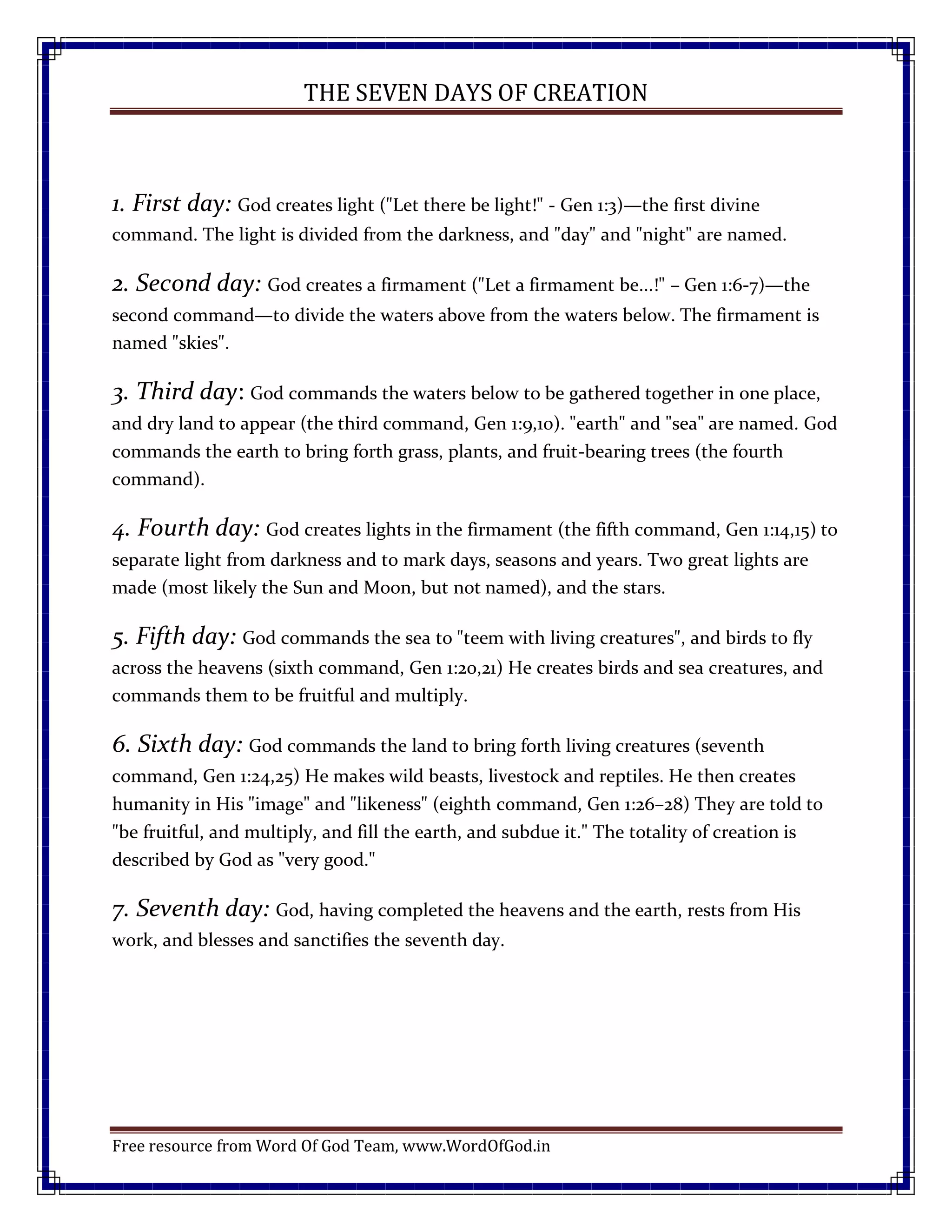 7 Days of Creation, Free Bible Chart from Word Of God Team | PDF