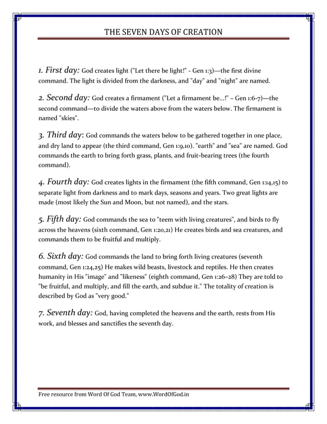 7 Days of Creation, Free Bible Chart from Word Of God Team | PDF ...