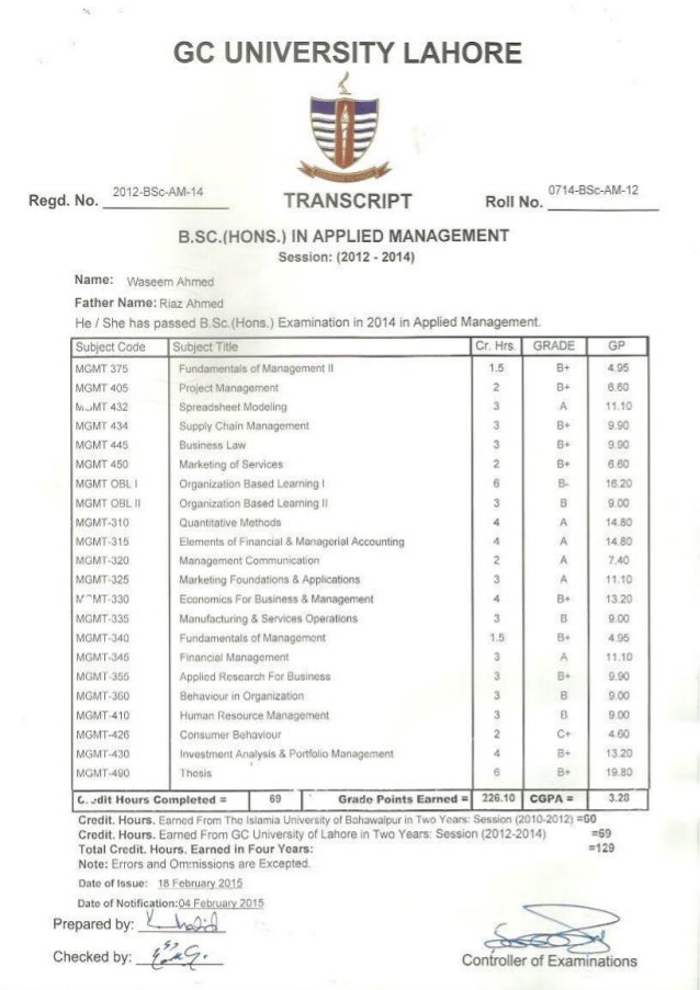 B.Sc. Hons. Transcript