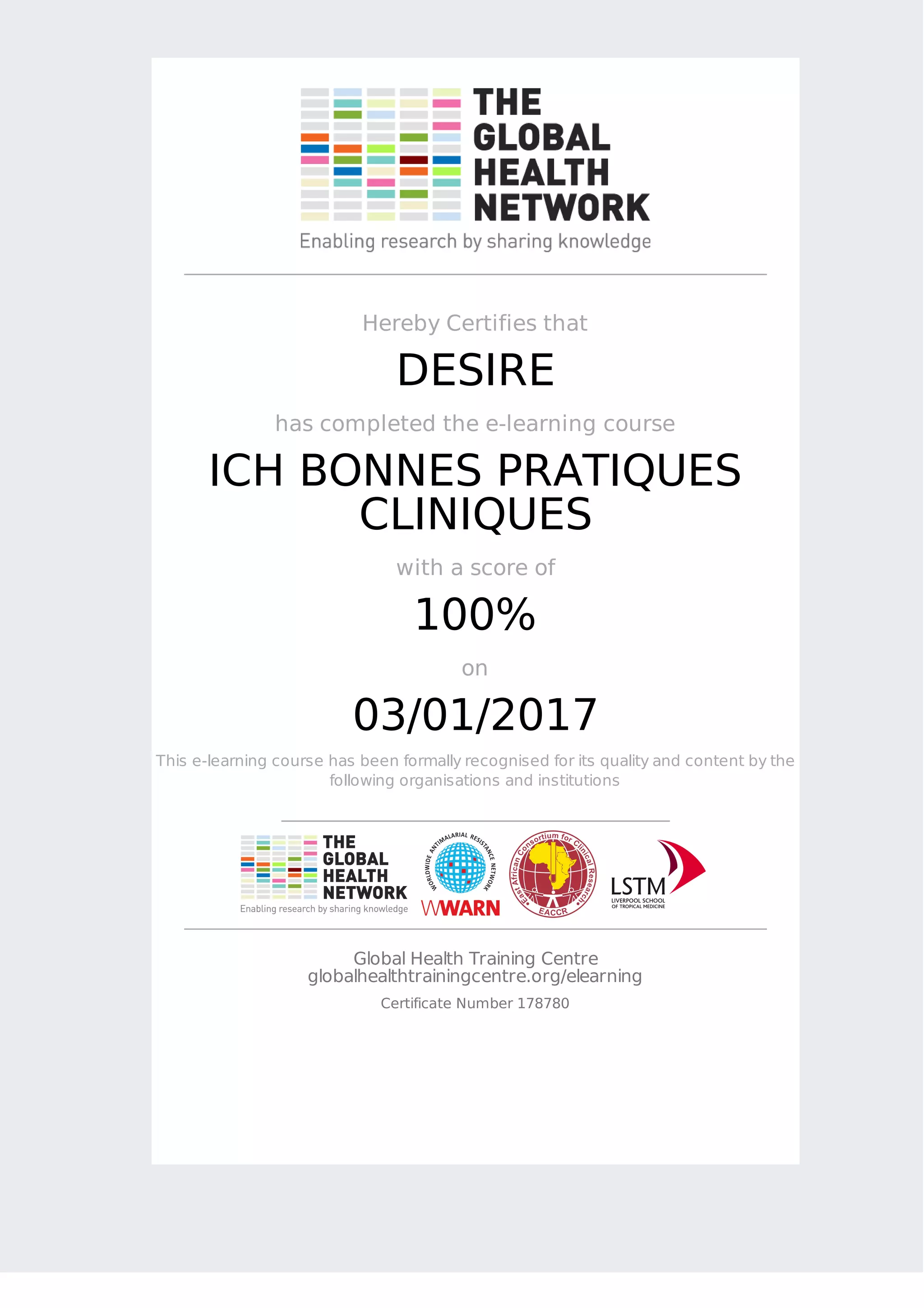 Global Health Training Centre-ICH GCP training certificate-2017 | PDF