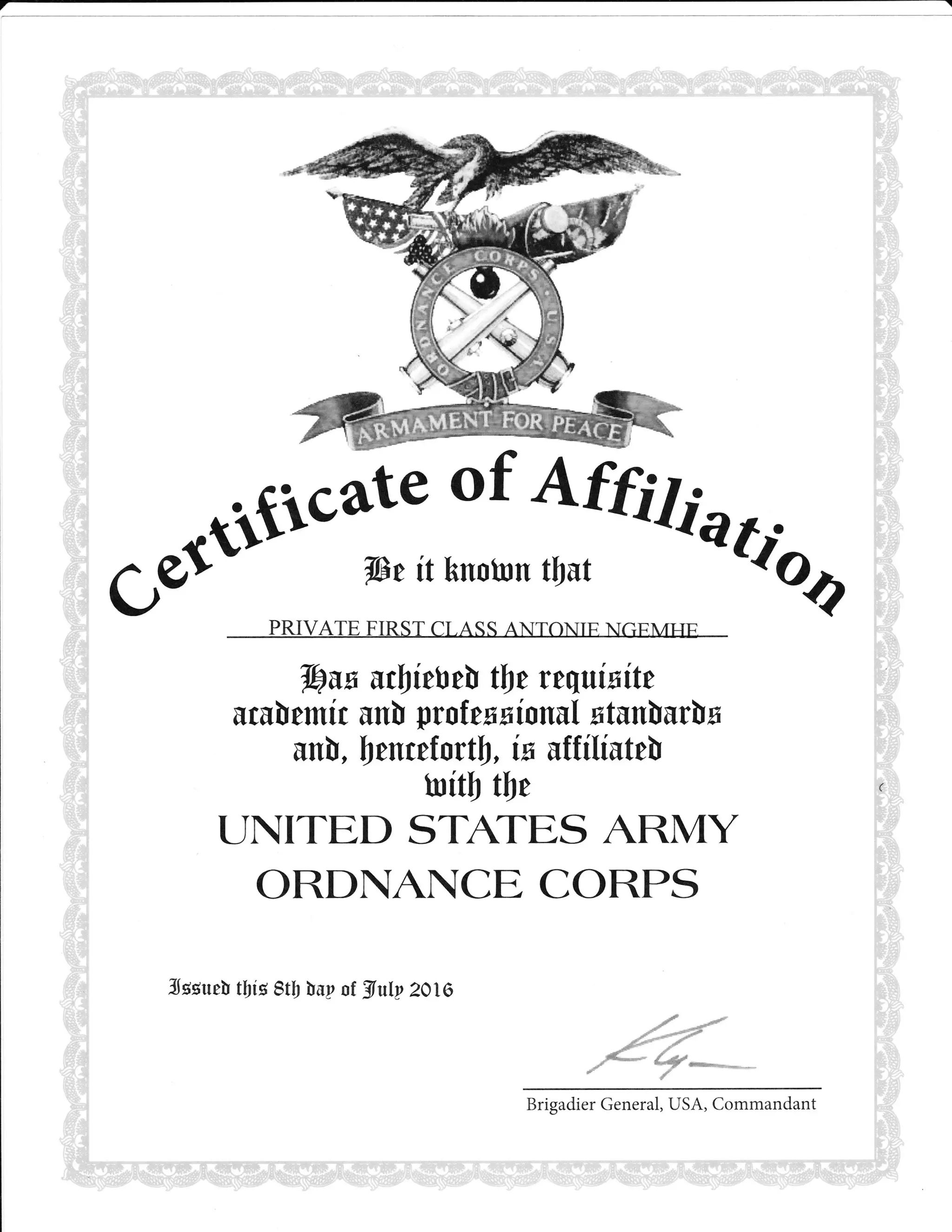 US Army Ordance Corps Certificate | PDF