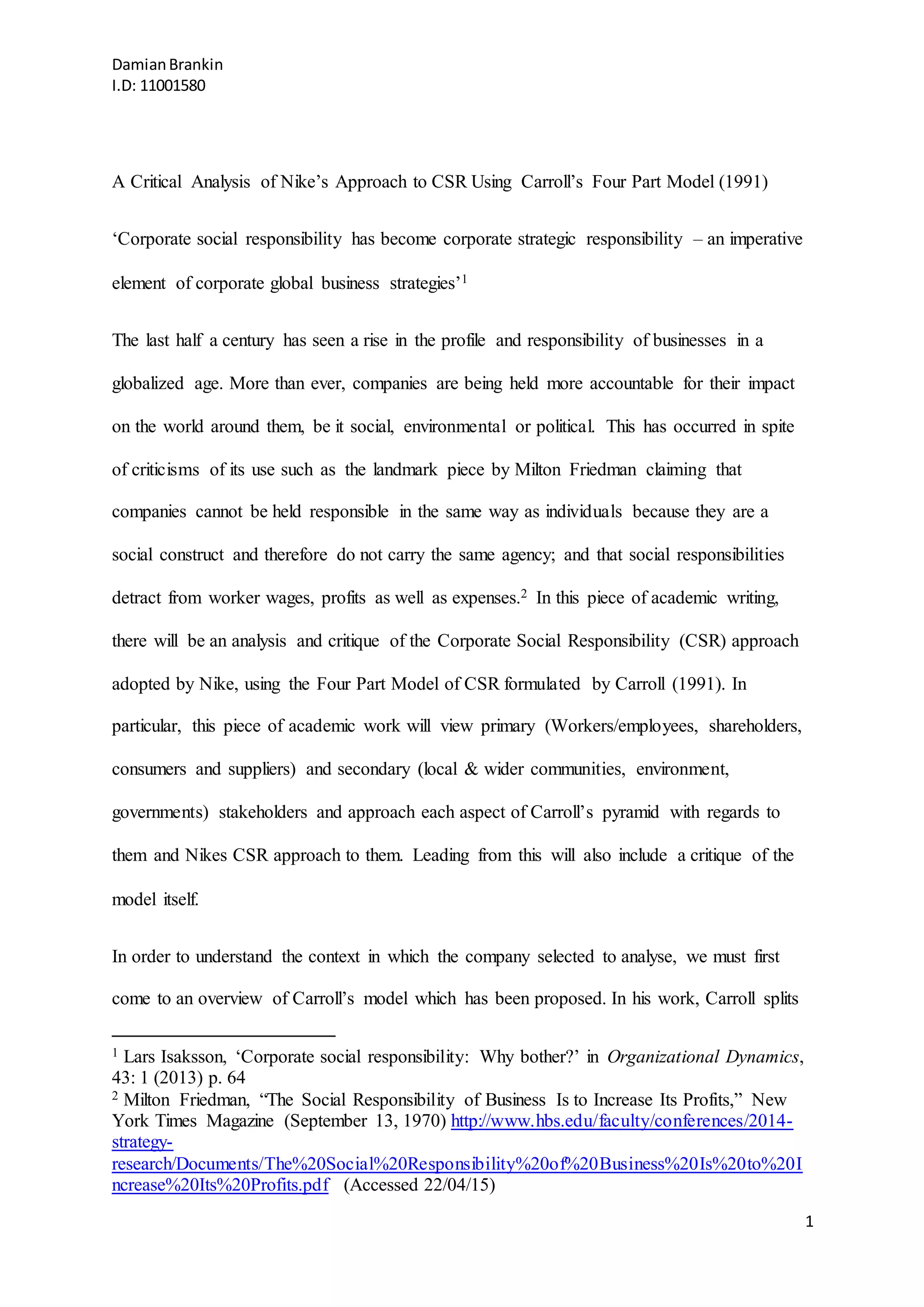 A Critical Analysis of Nike CSR-2 | DOCX