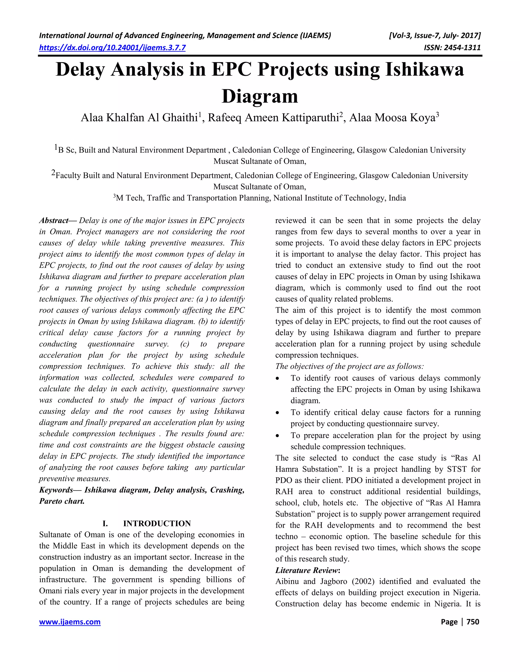 Delay Analysis in EPC Projects using Ishikawa Diagram | PDF