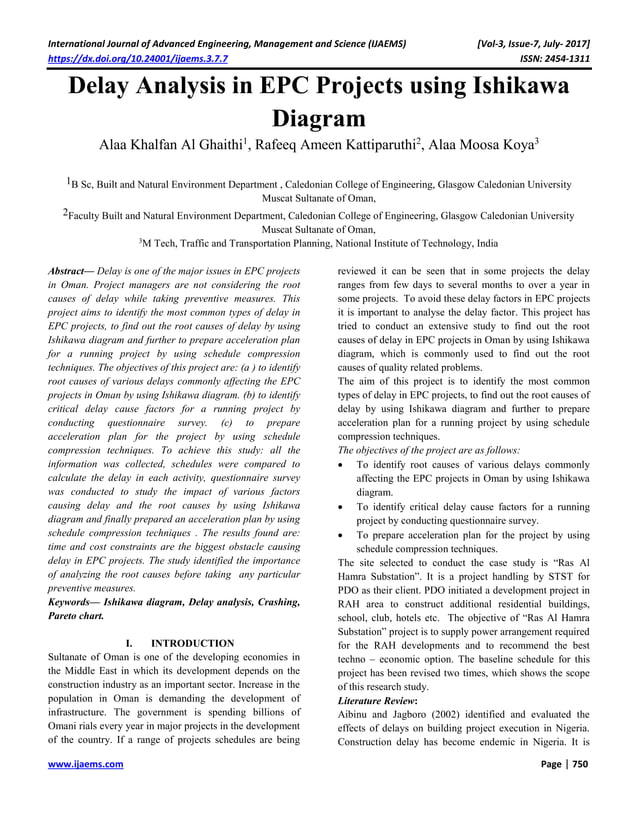 Delay Analysis in EPC Projects using Ishikawa Diagram | PDF