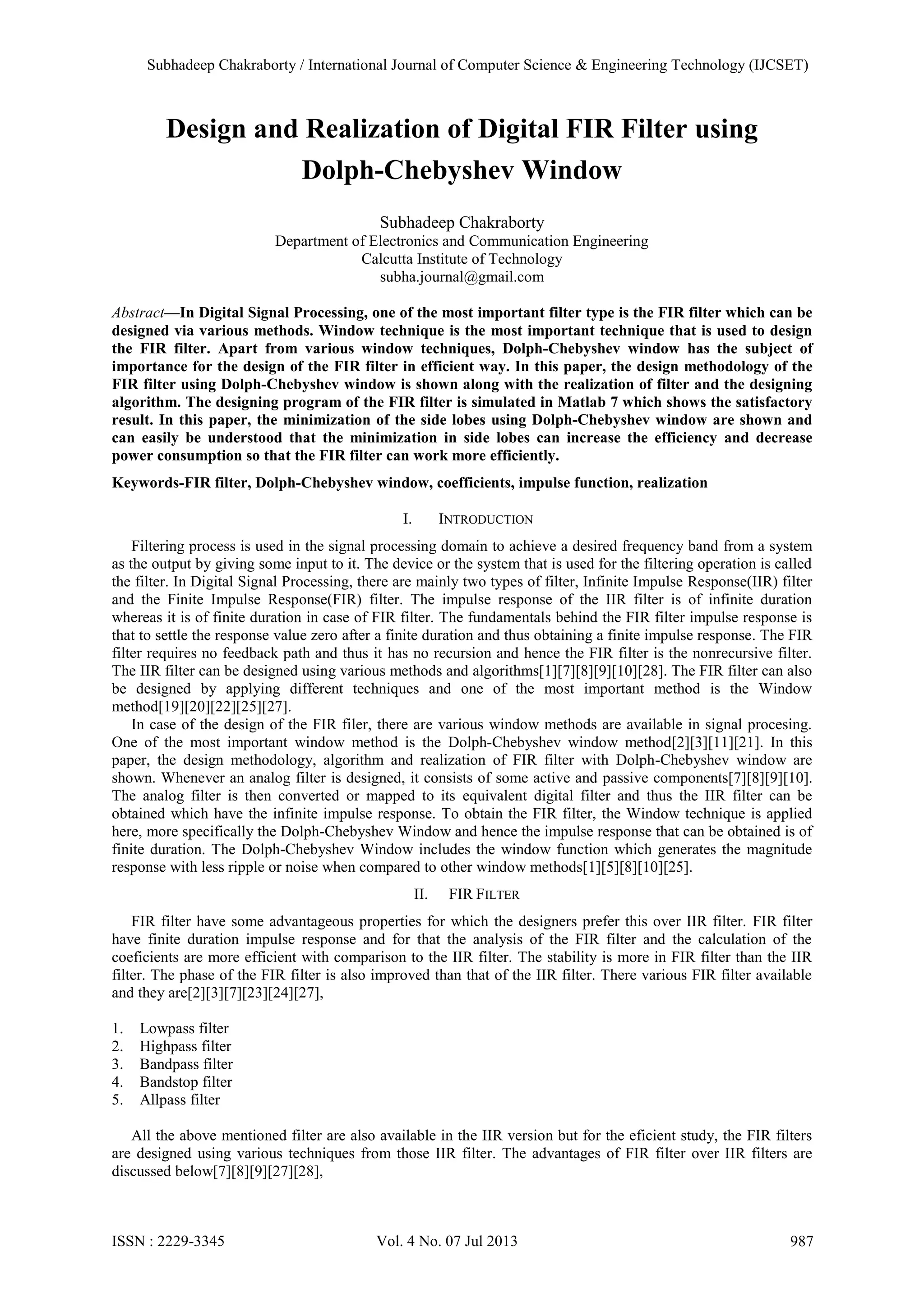 Design and realization of fir filter using chebyshev window | PDF