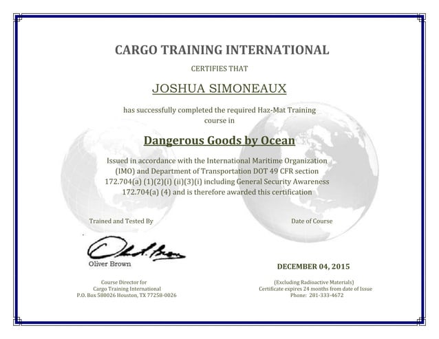 JOSHUA SIMONEAUX Ocean Certificate 2015 | PPT