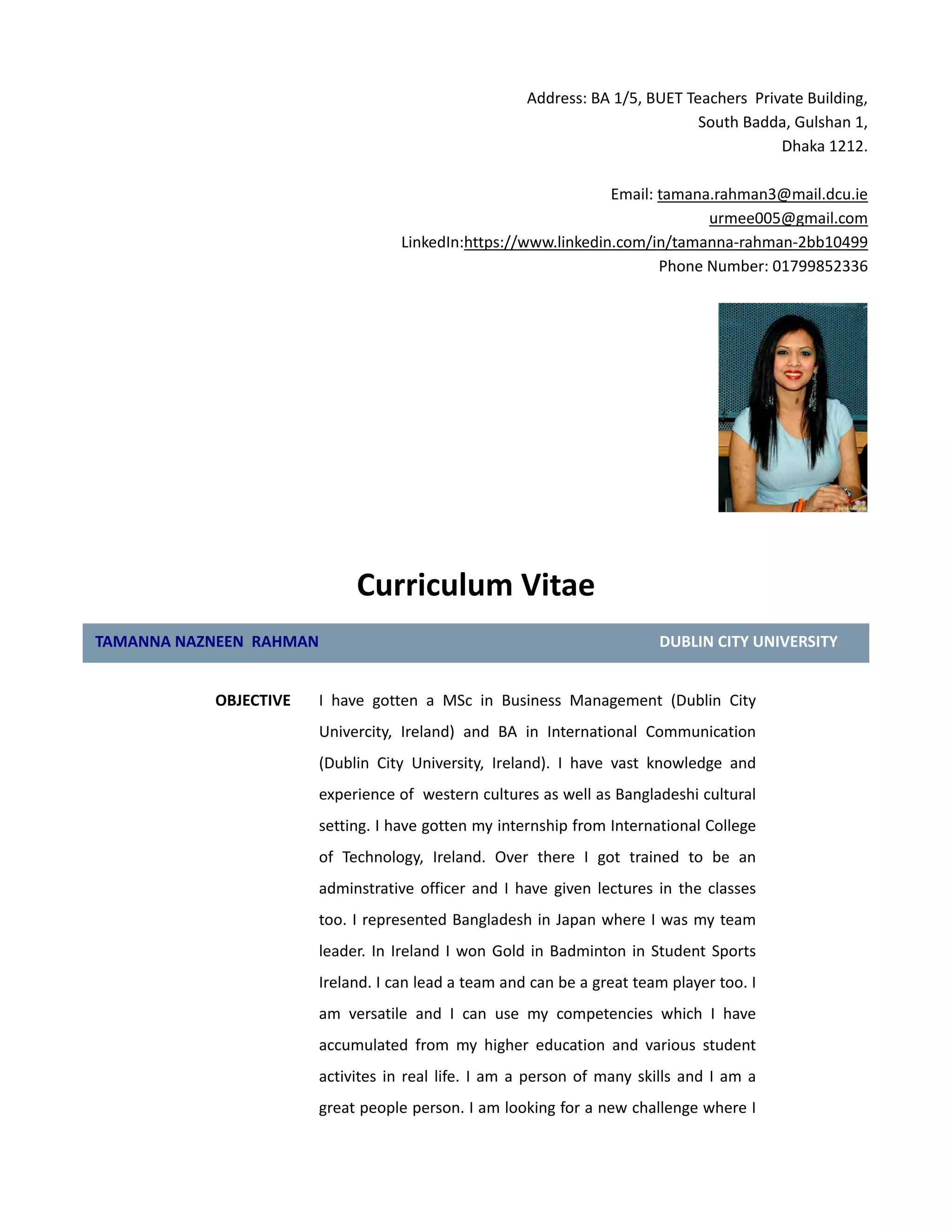 Tamanna N Rahman CV 2016 | PDF