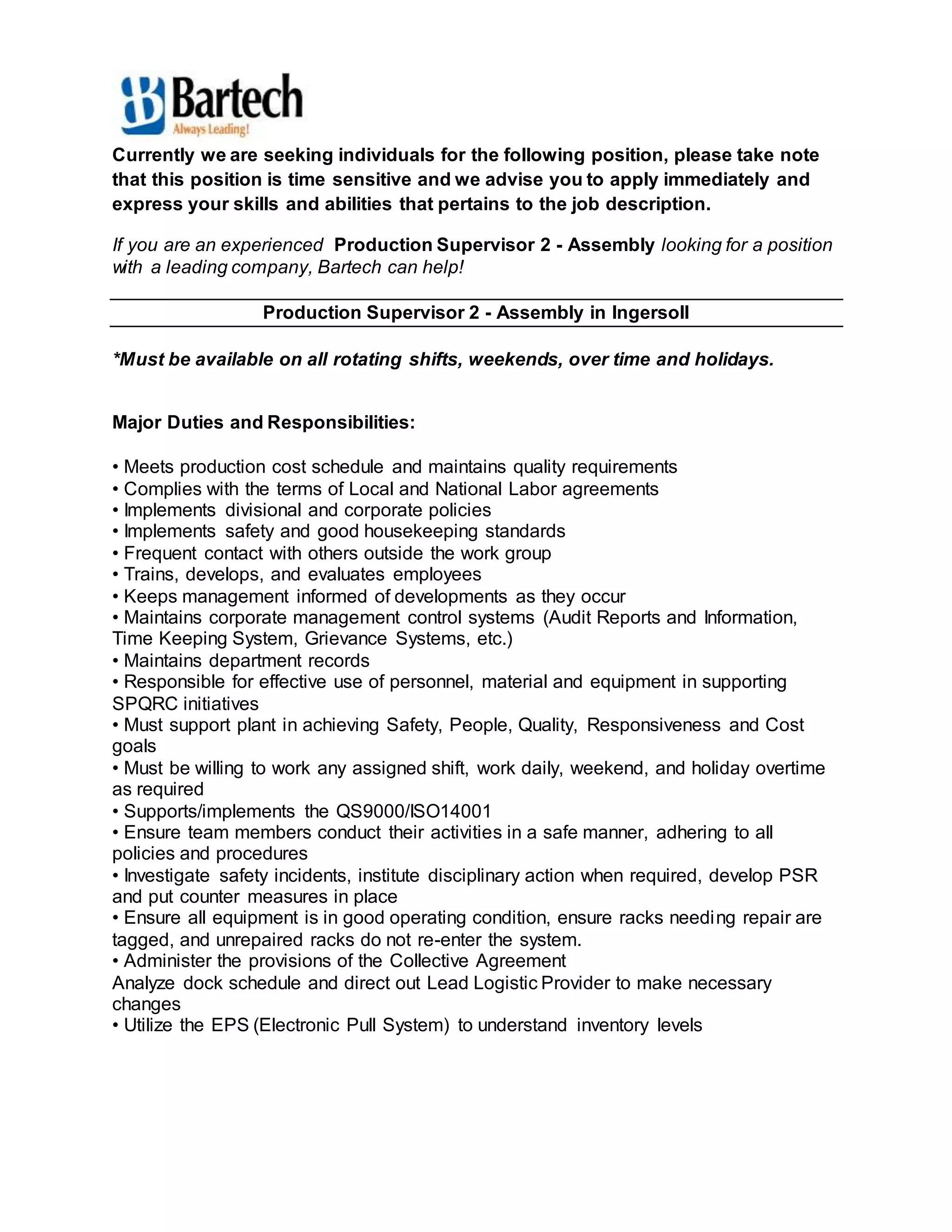 Production Supervisor 2 - Assembly in Ingersoll | PDF