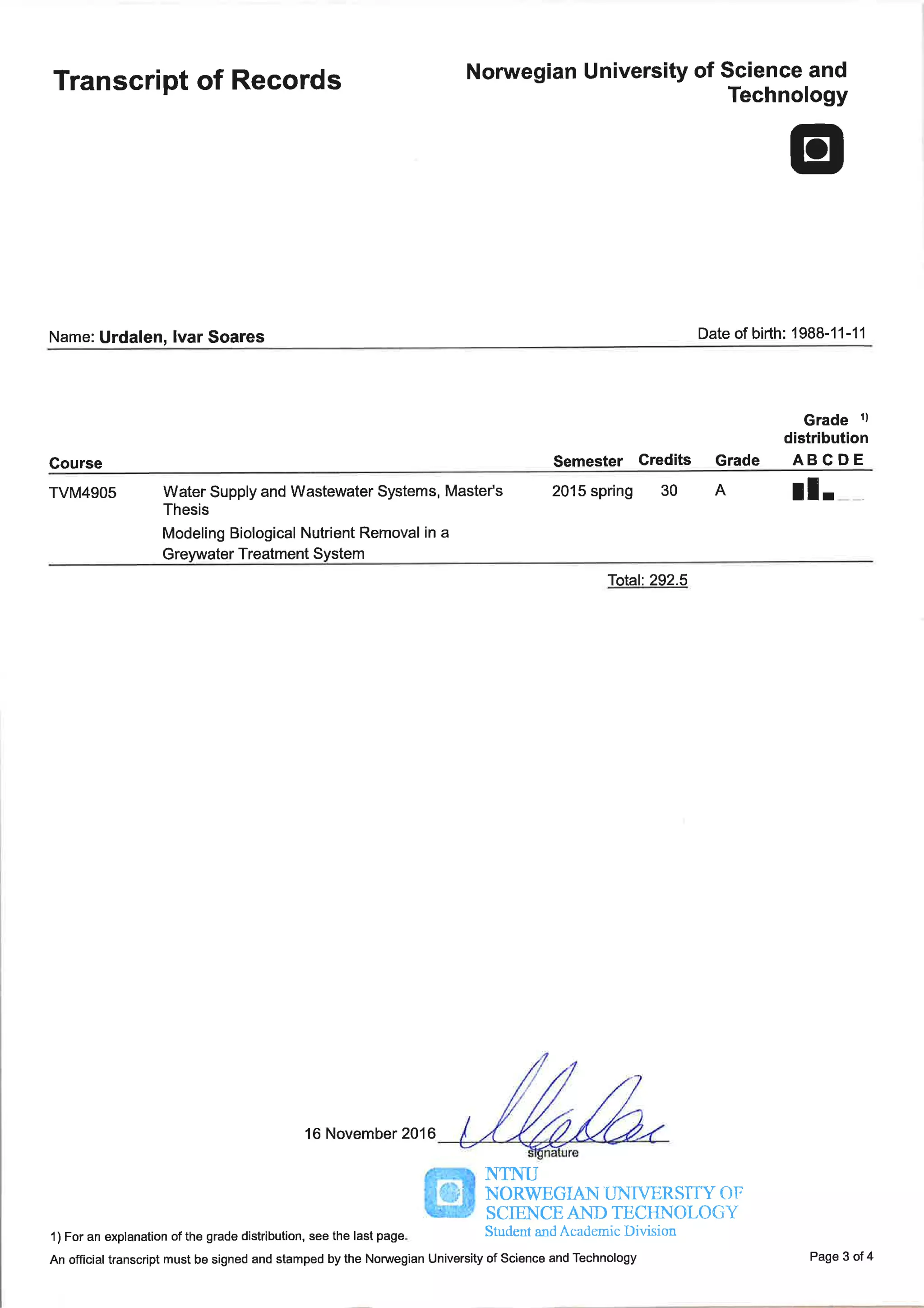 NTNU Transcript 2016 - Ivar Soares Urdalen | PDF