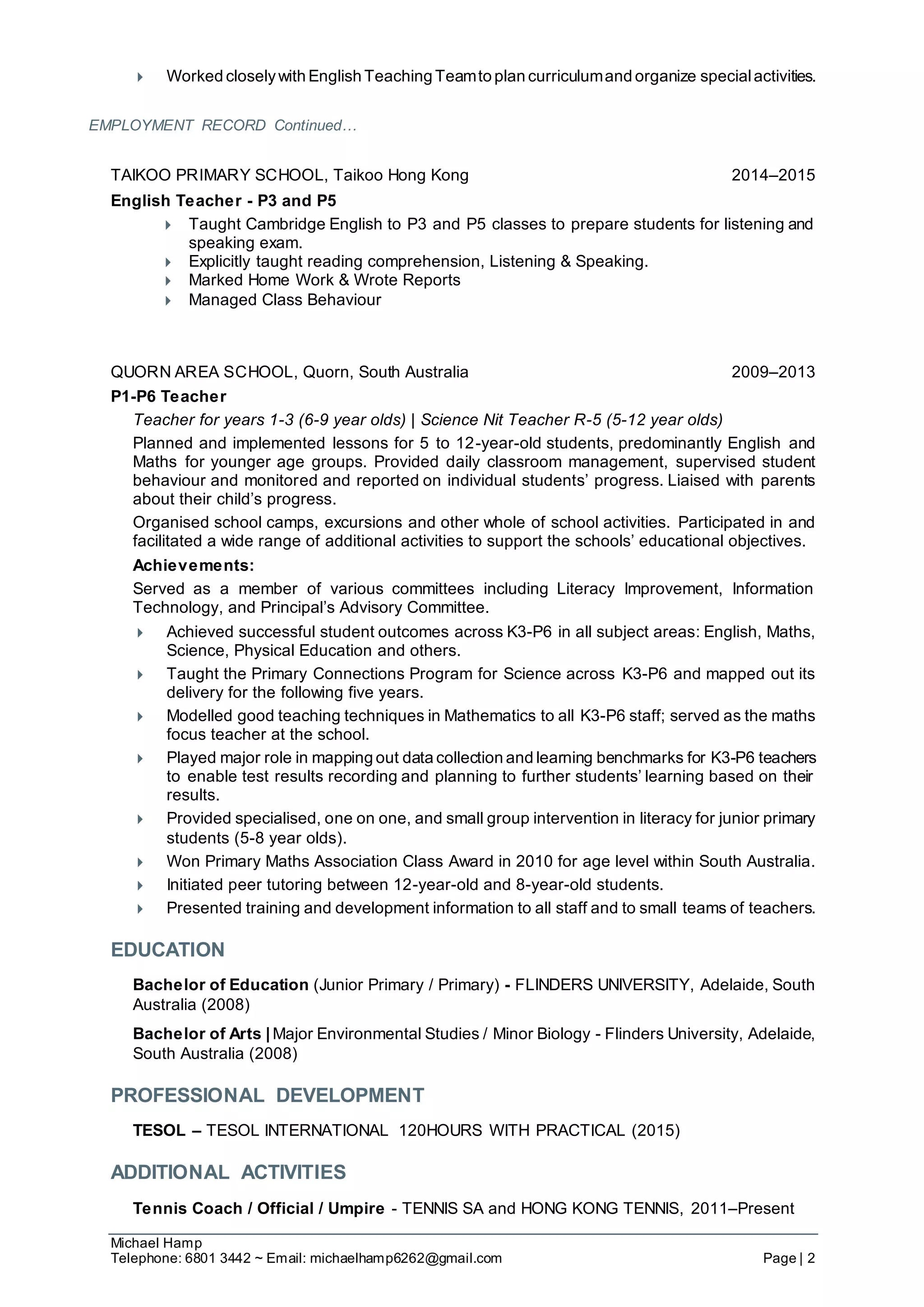 Michael Hamp's CV 2016 | DOCX