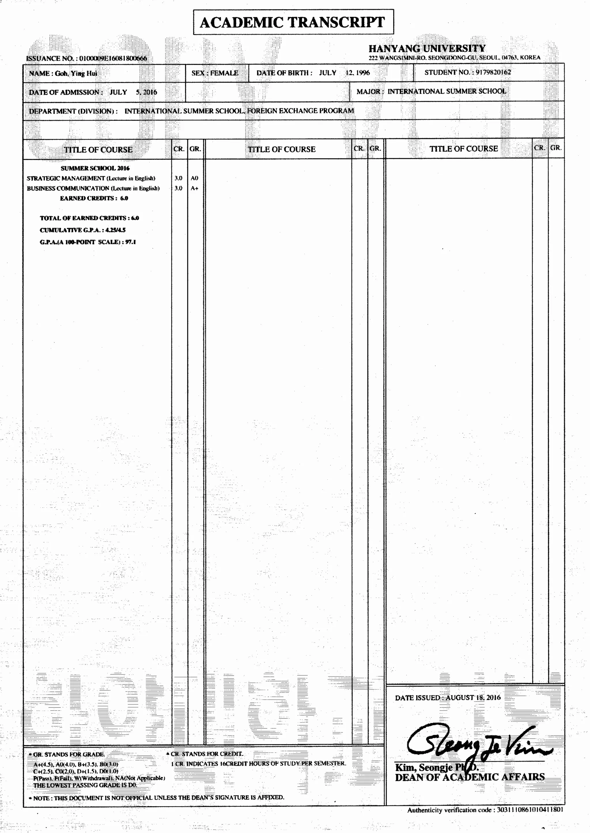 Goh Ying Hui Summer School Transcript | PDF