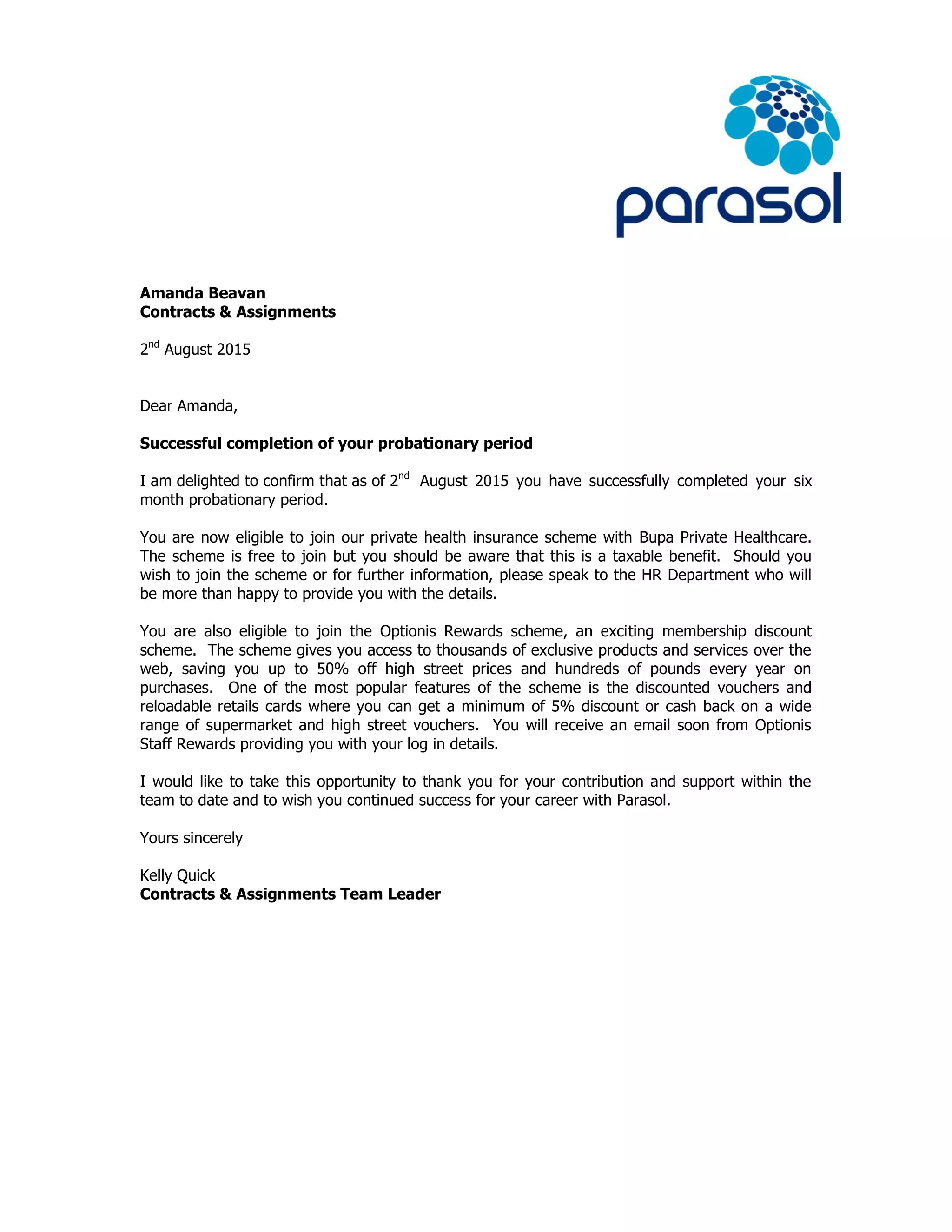 AB - Completion of Probationary Period Letter | PDF