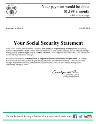 Rosemary Mrazik Your_Social_Security_Statement 7 12 2016 | PDF