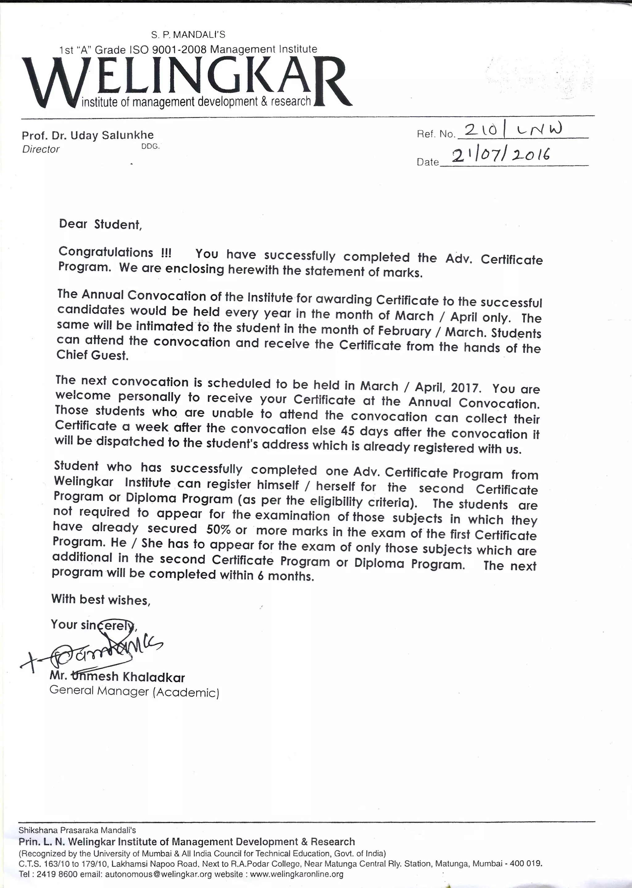 MARKS SHEET MATERIAL MANAGEMENT COURSE WELINGKAR-scan0001 | PDF