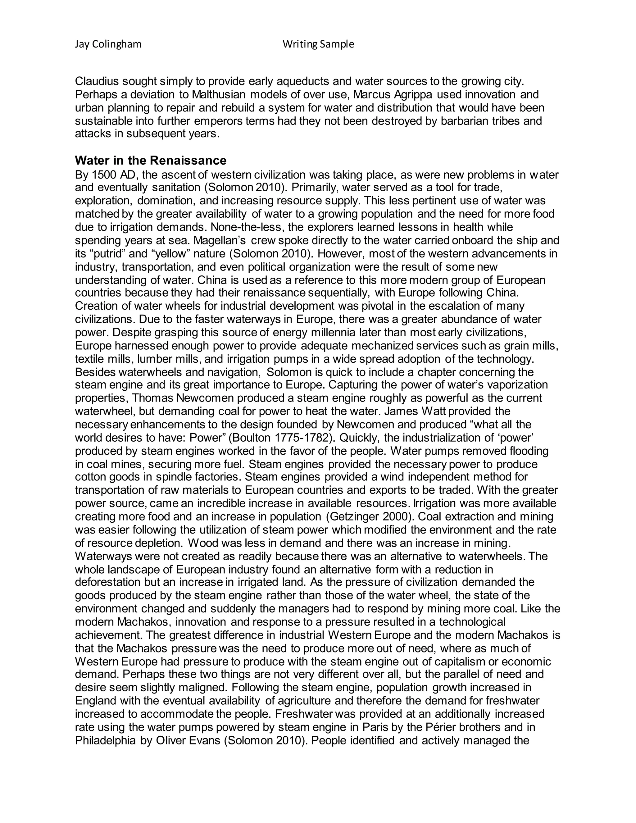 Water History in Civilization - Writing Sample - Jay Colingham | DOCX