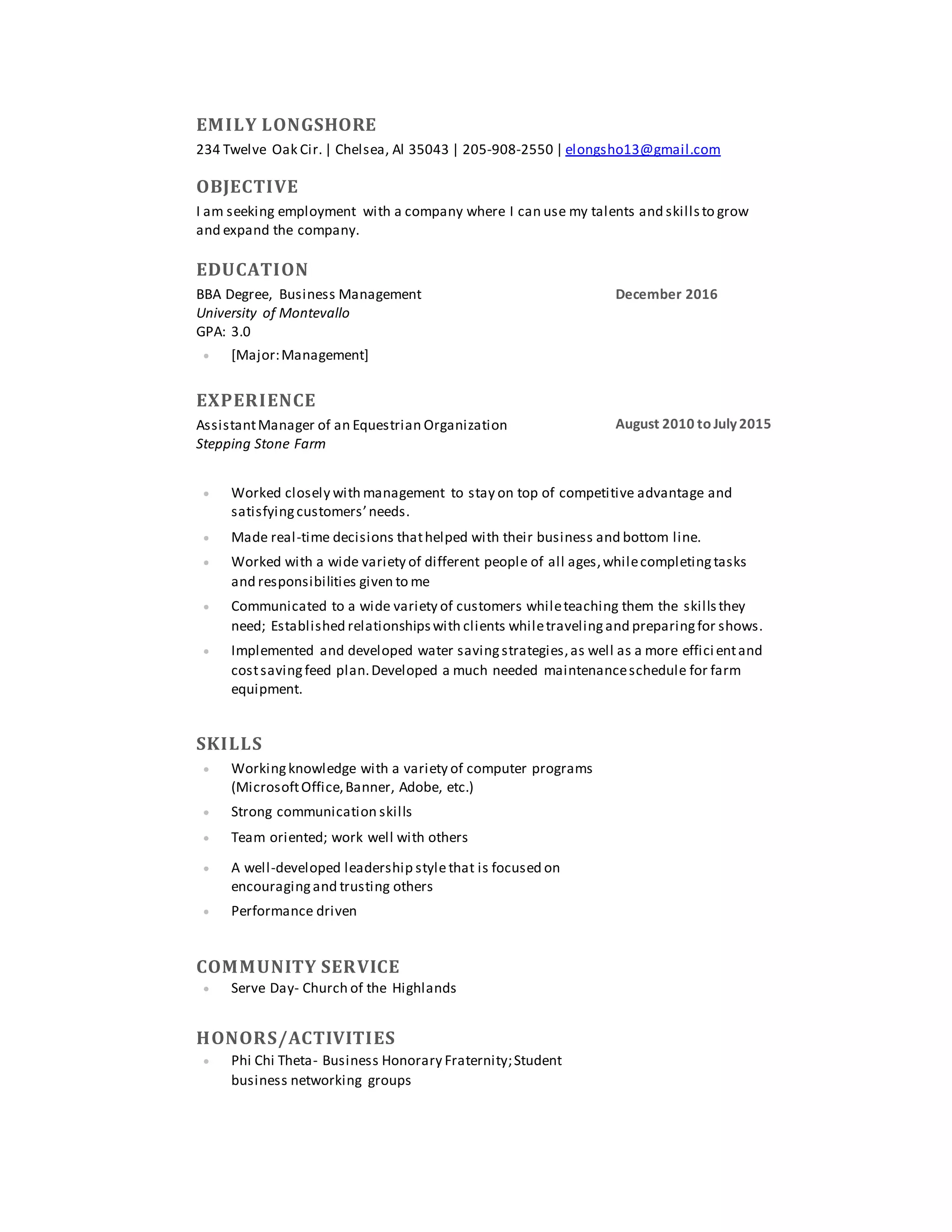 Emily Longshore Resume | DOCX | Business Administration | Business