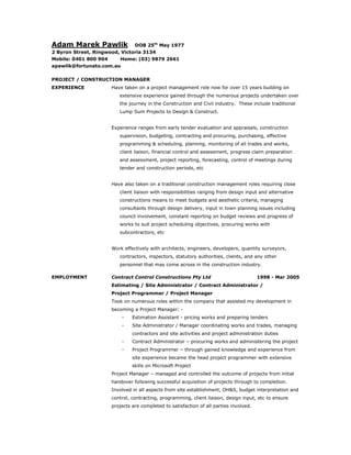 Adam Pawlik Resume 280414 | PDF | Construction Industry | Industries