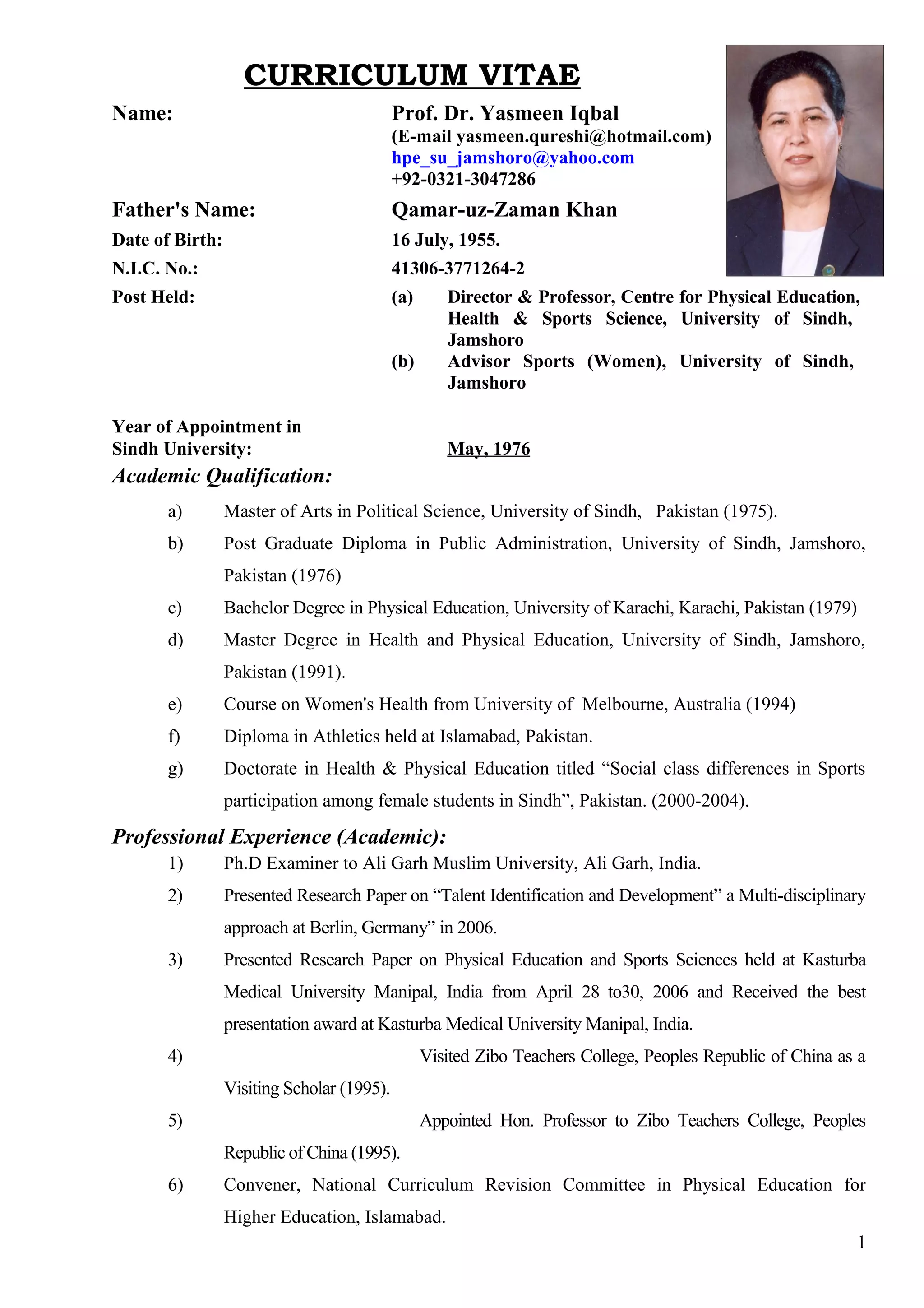 Prof. Dr. Yasmeen Iqbal CV | DOC