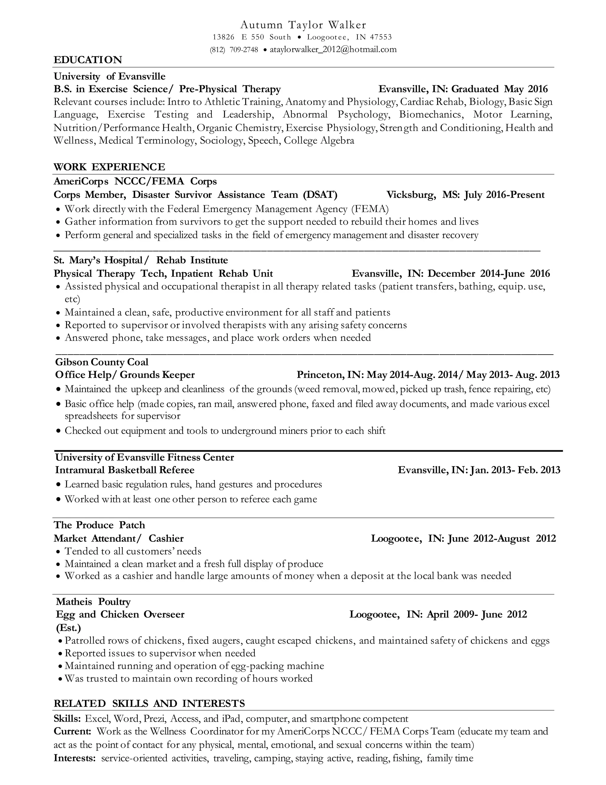 FEMA Resume-TW Summer2016 | DOCX | Physical Therapy | Wellness