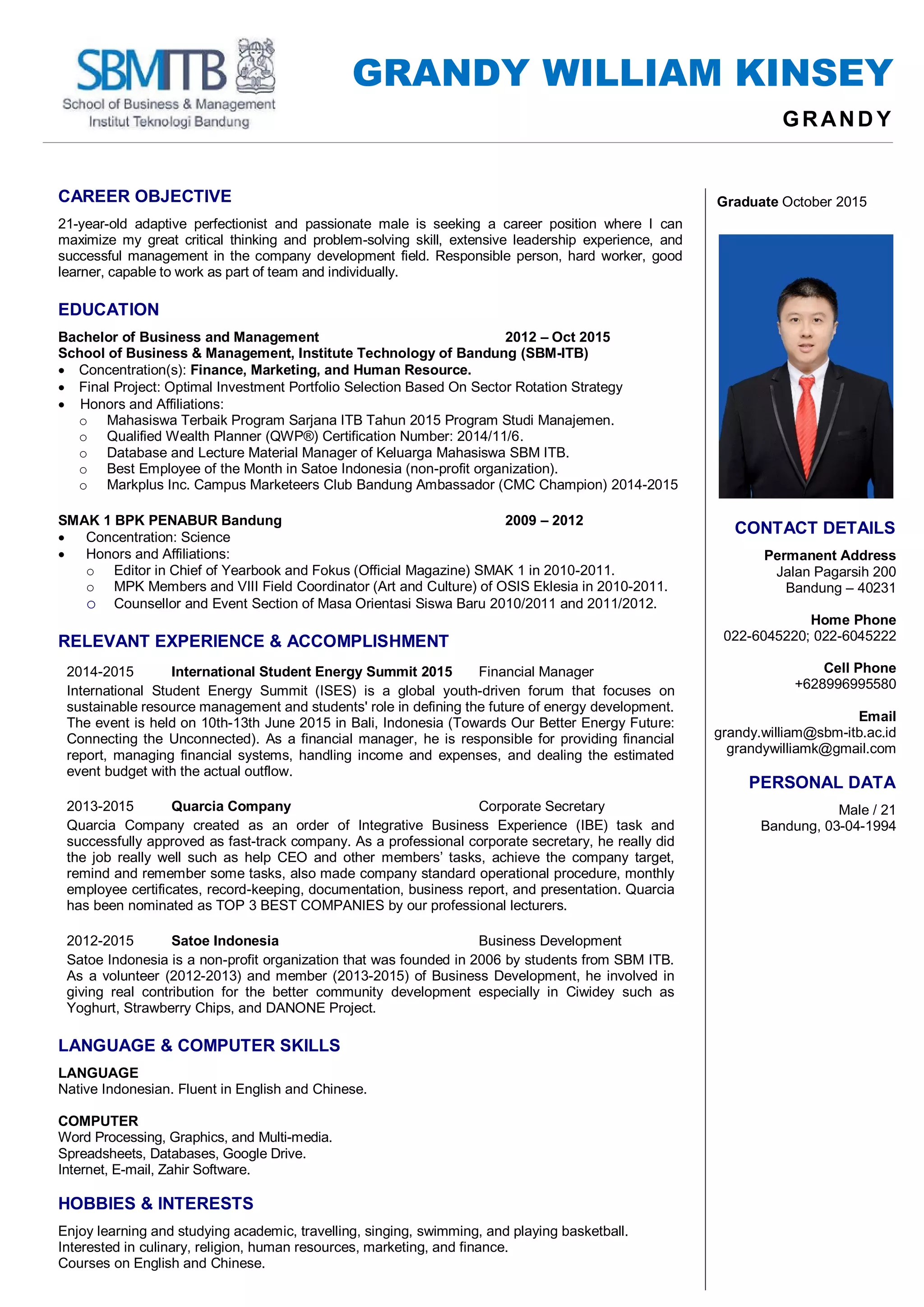 SM Resume Form_2015_Grandy William Kinsey_19012049 | PDF