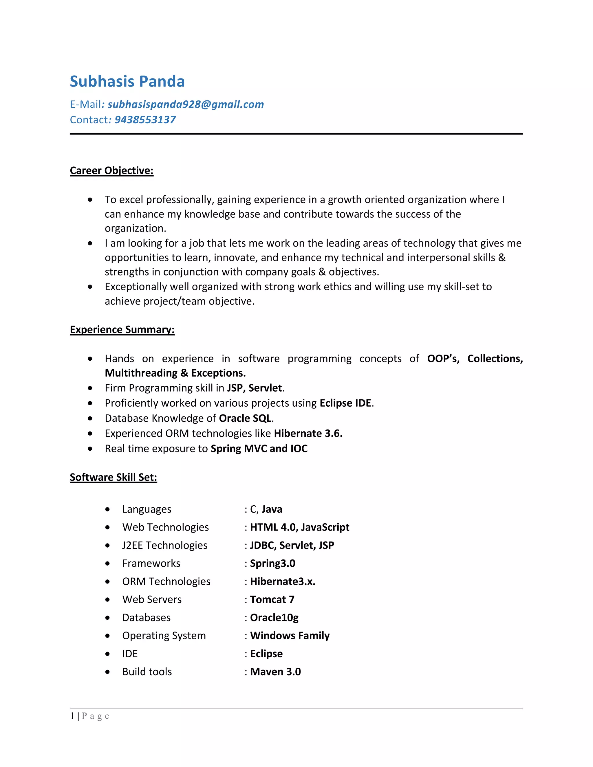 Subhasis Java Resume | PDF
