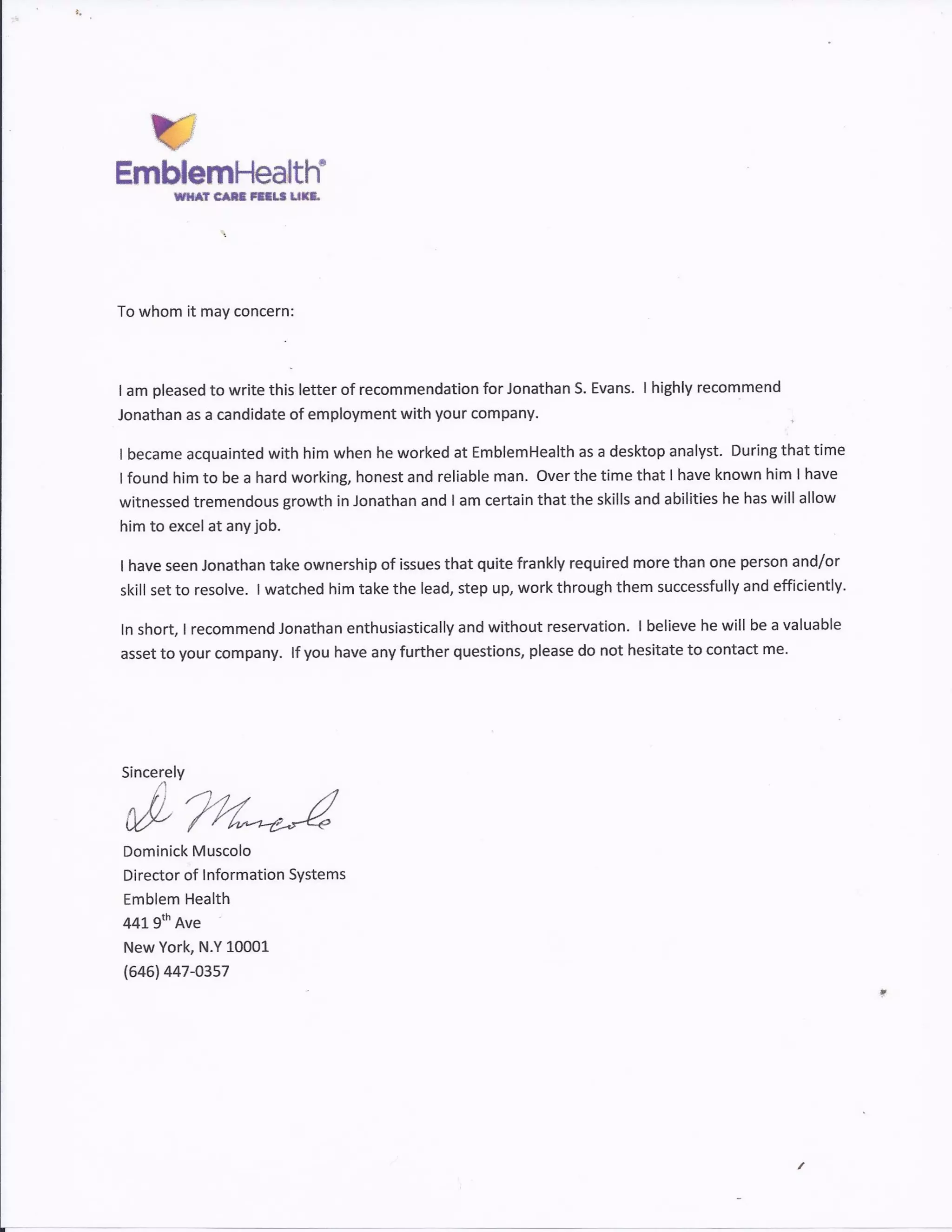 Dominick Muscolo Recommendation Letter For Jonathan Evans Pdf
