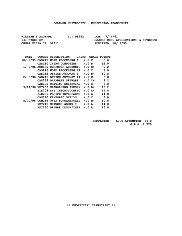 William.Aguirre-ColemanUniversity-Transcript | PDF