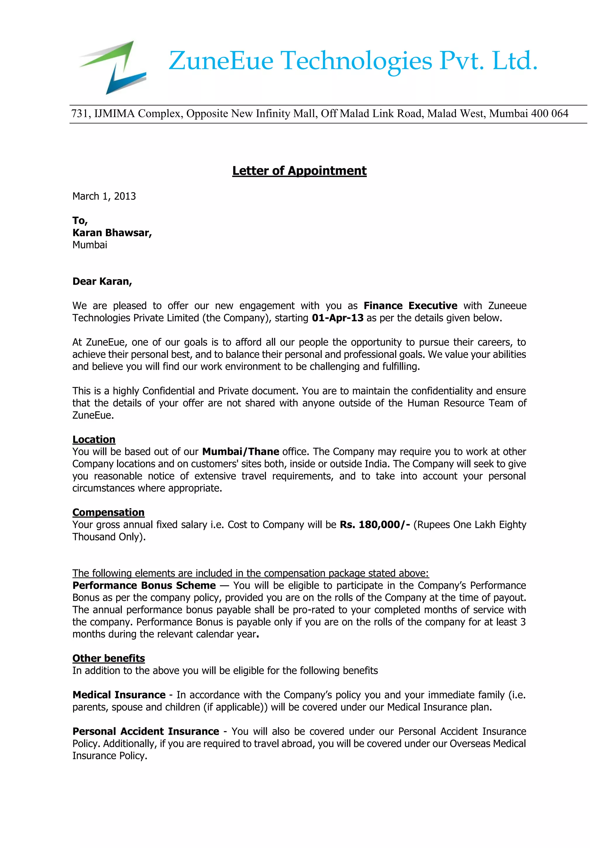 Appointment letter_Karan | PDF | Business Accounting & Finance | Business