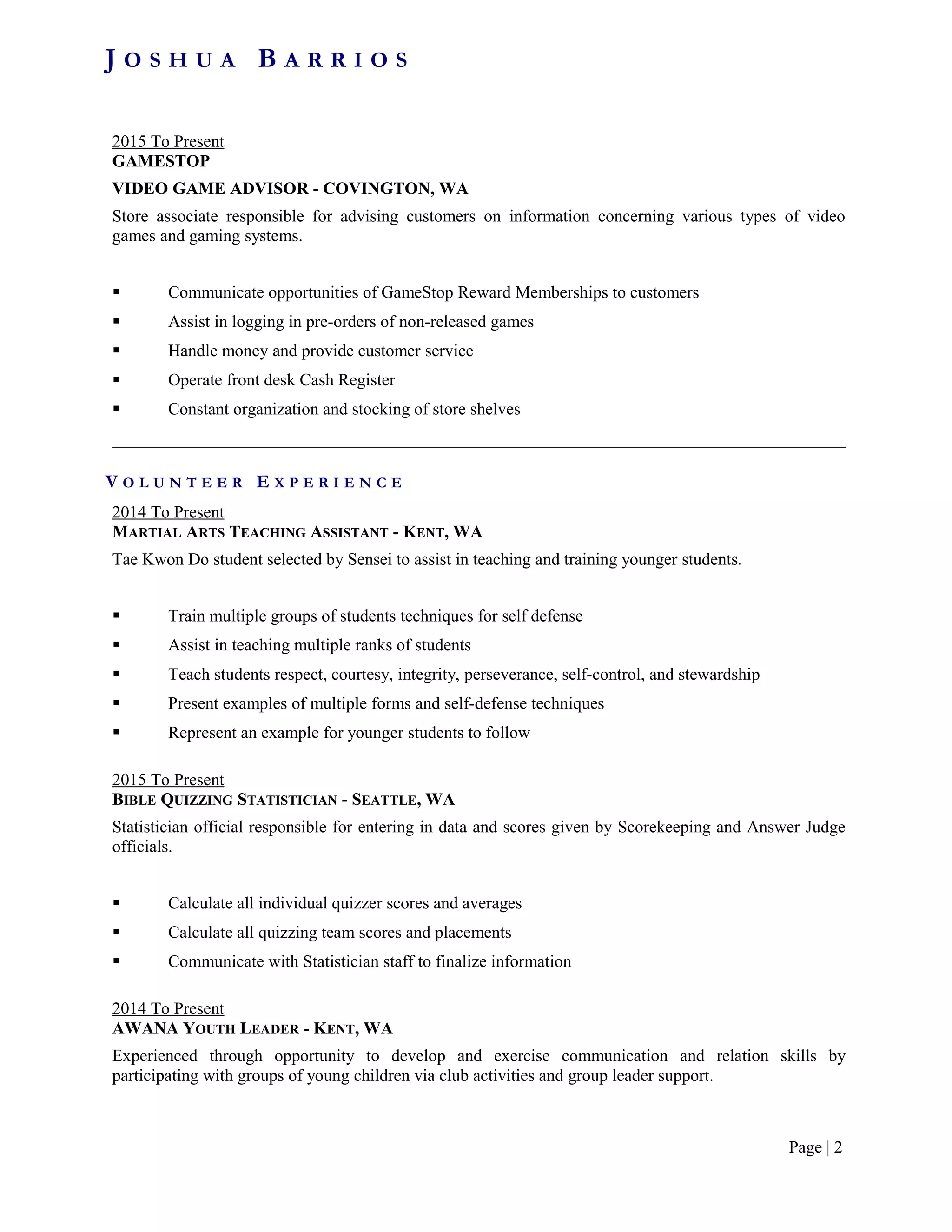 Resume for Joshua Barrios | PDF