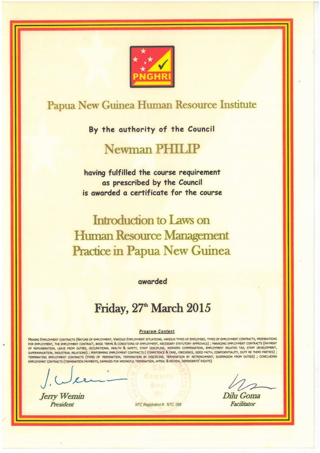 Introduction to Law on HRM Practice in PNG Certificate | PDF