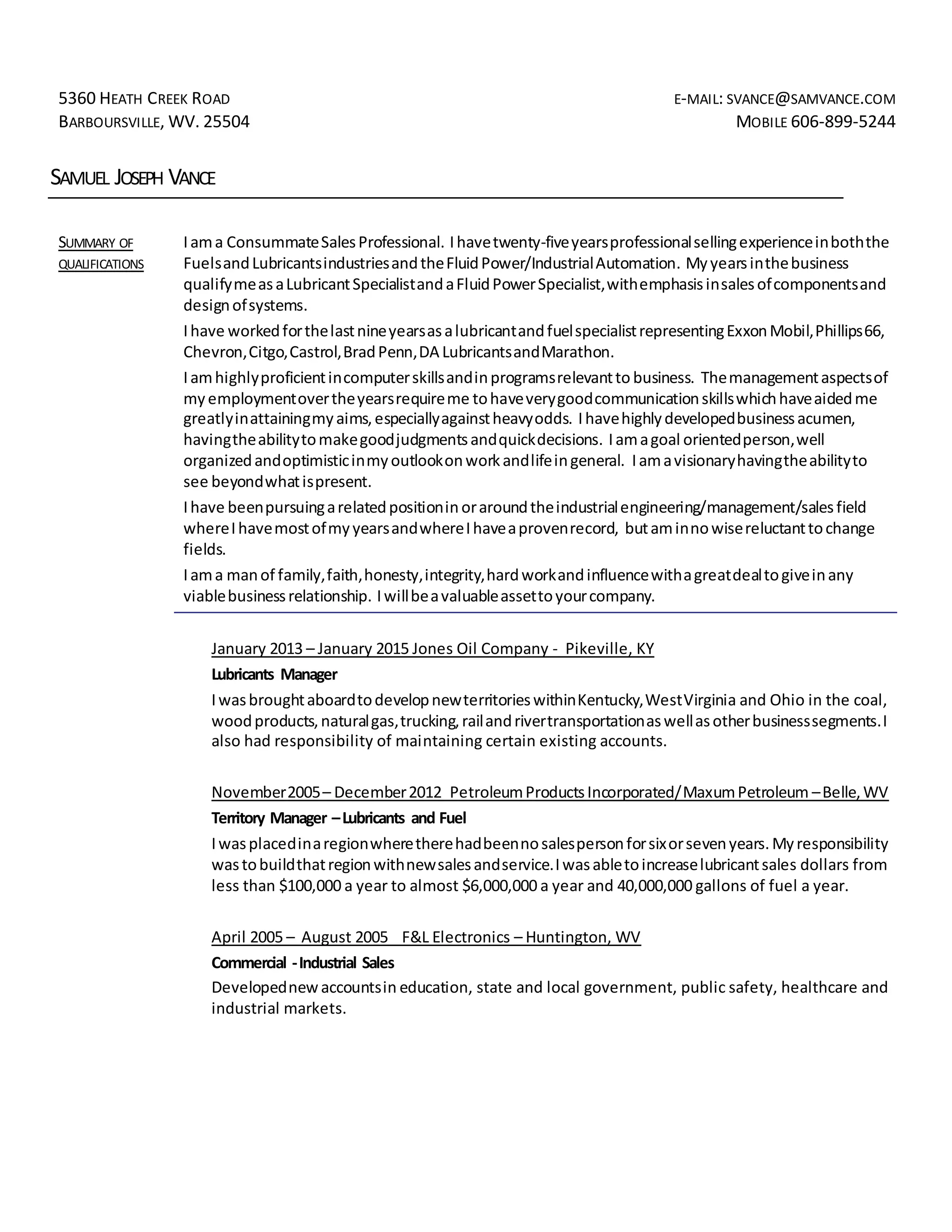 RESUME - Sam Vance - 8-21-15 | PDF