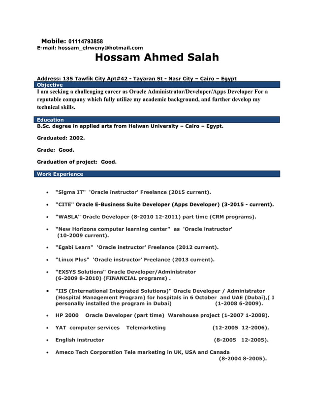 hossam ahmed salah CV | DOC | Databases | Computer Software and Applications