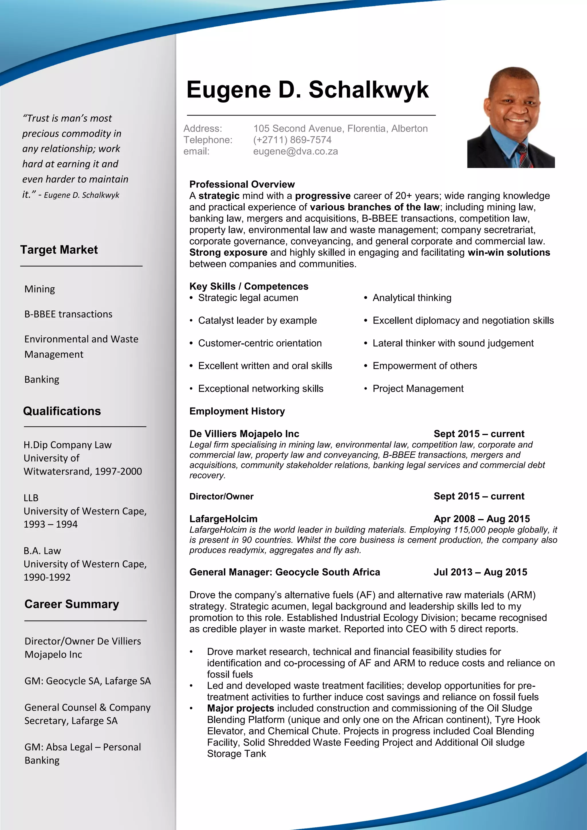 Eugene D. Schalkwyk Executive CV | PDF