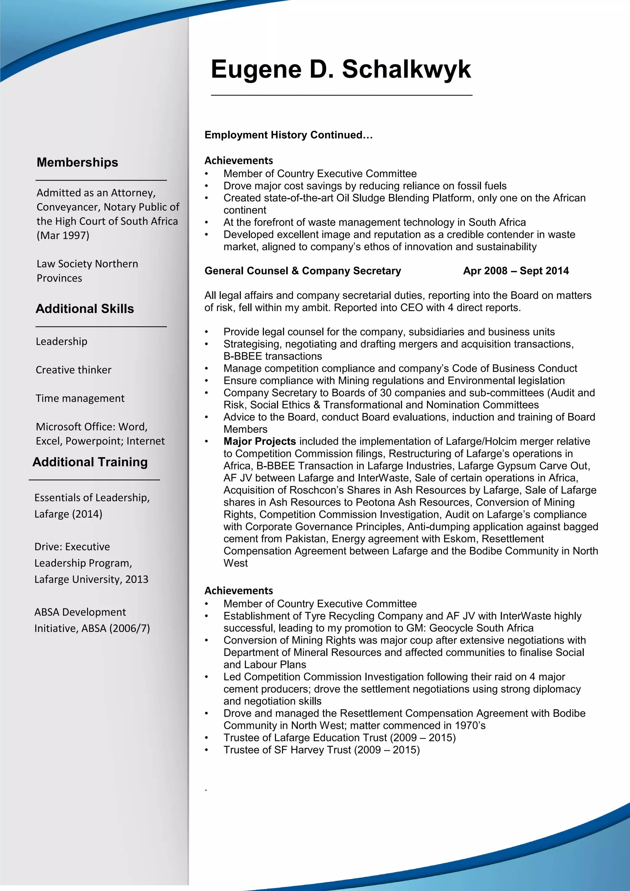 Eugene D. Schalkwyk Executive CV | PDF