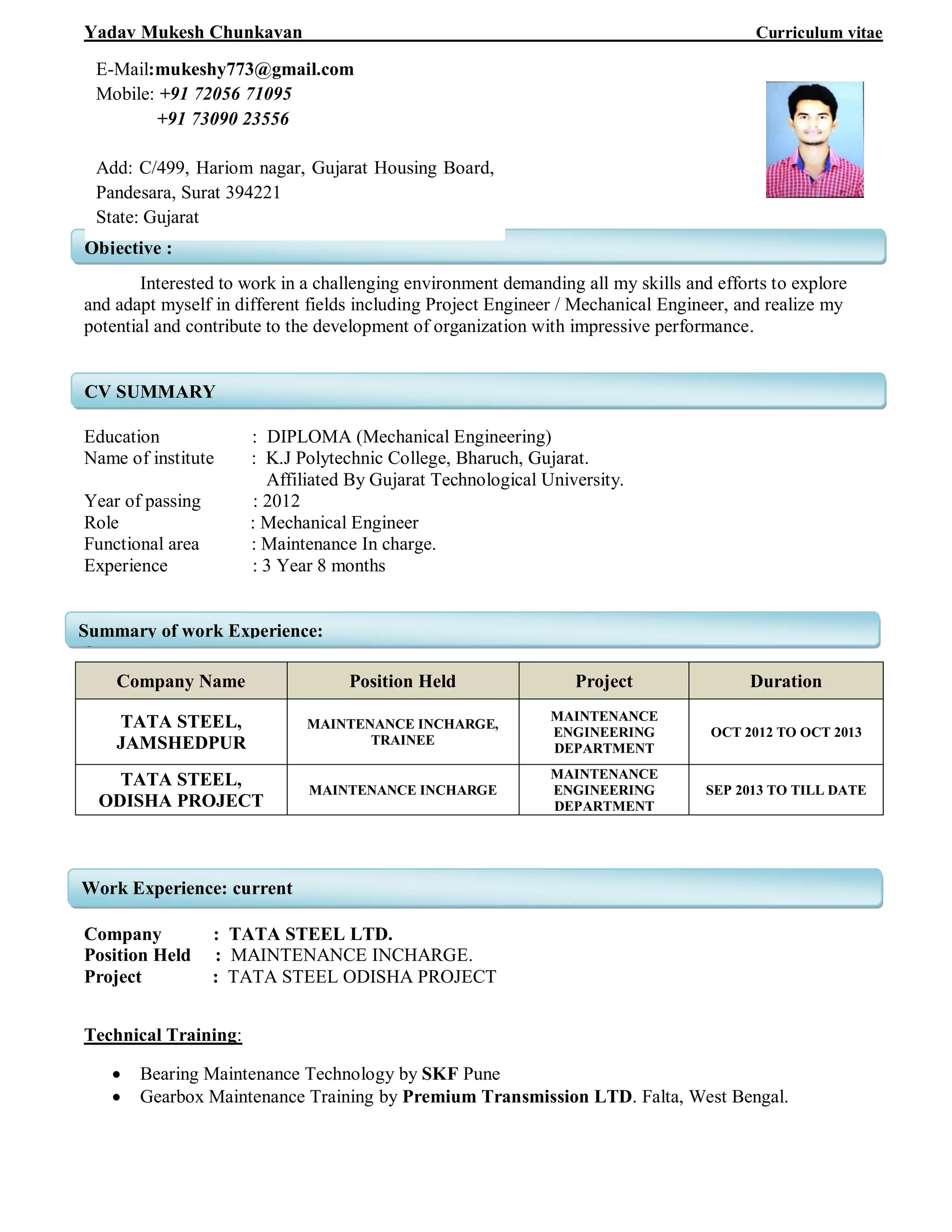 Yadav Mukesh Chunkavan- CV | PDF | Civil Engineering Industry | Industries
