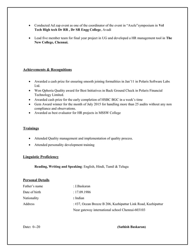 Sathish - Resume | DOC | Human Resources | Business