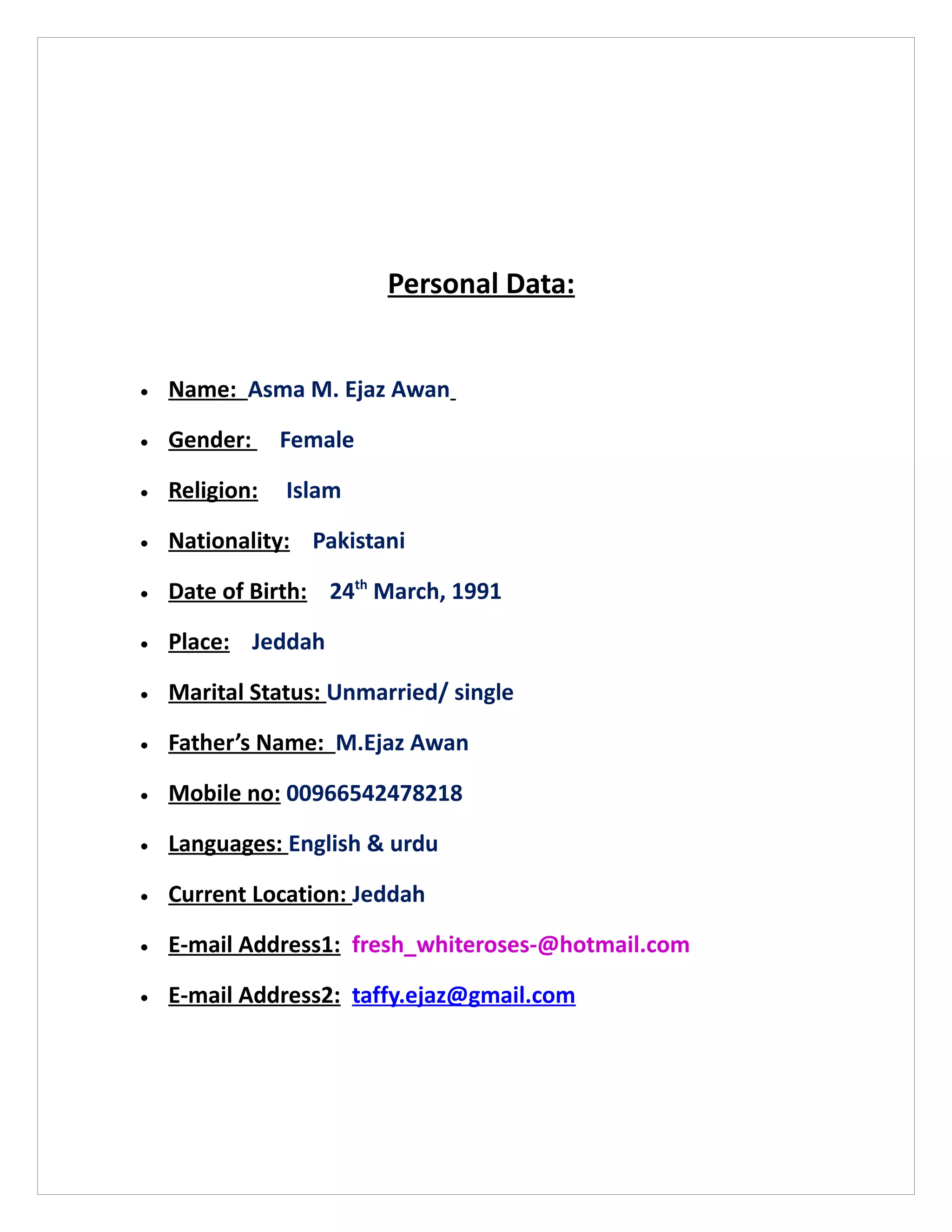 Curriculum Vitae of asma | PDF | Education
