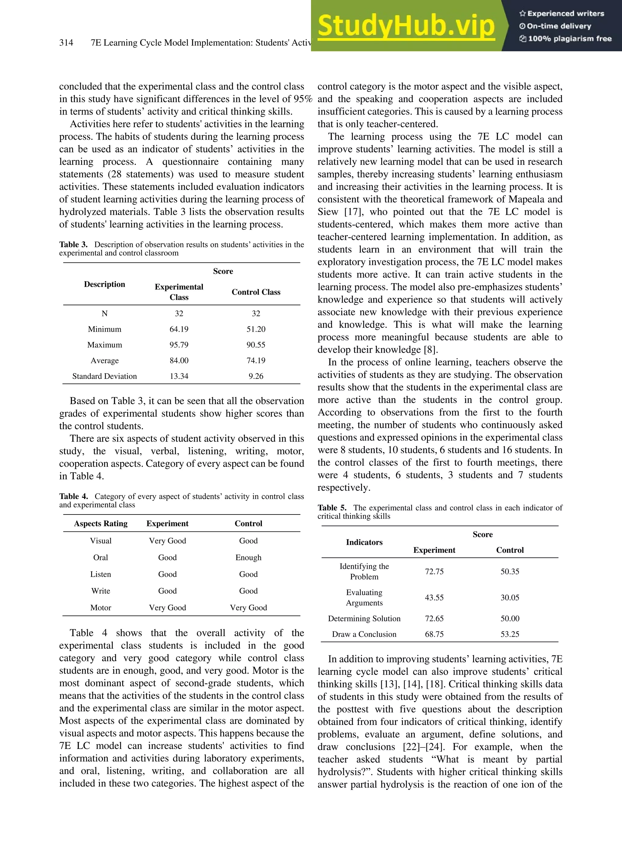 7E Learning Cycle Model Implementation Students Activities And Critical Thinking Skills Towards ...