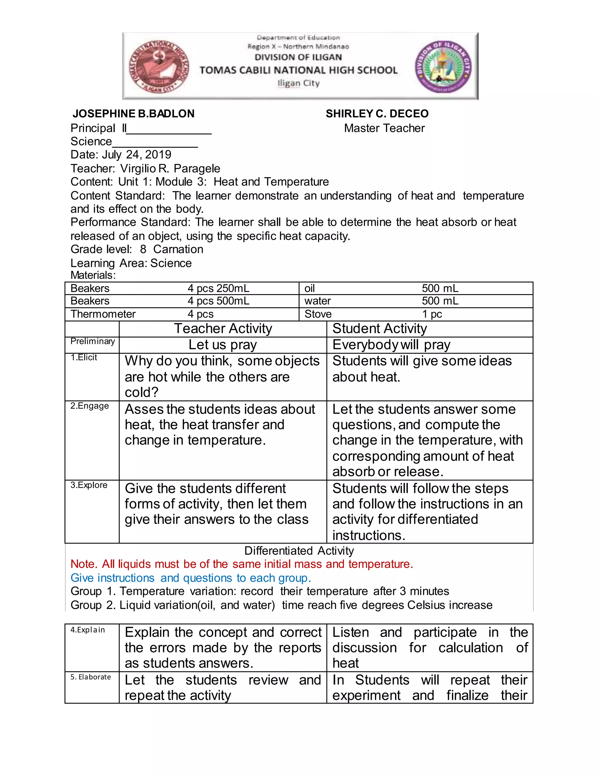 7 e lesson plan grade 8 science first observation of 2019 | DOCX