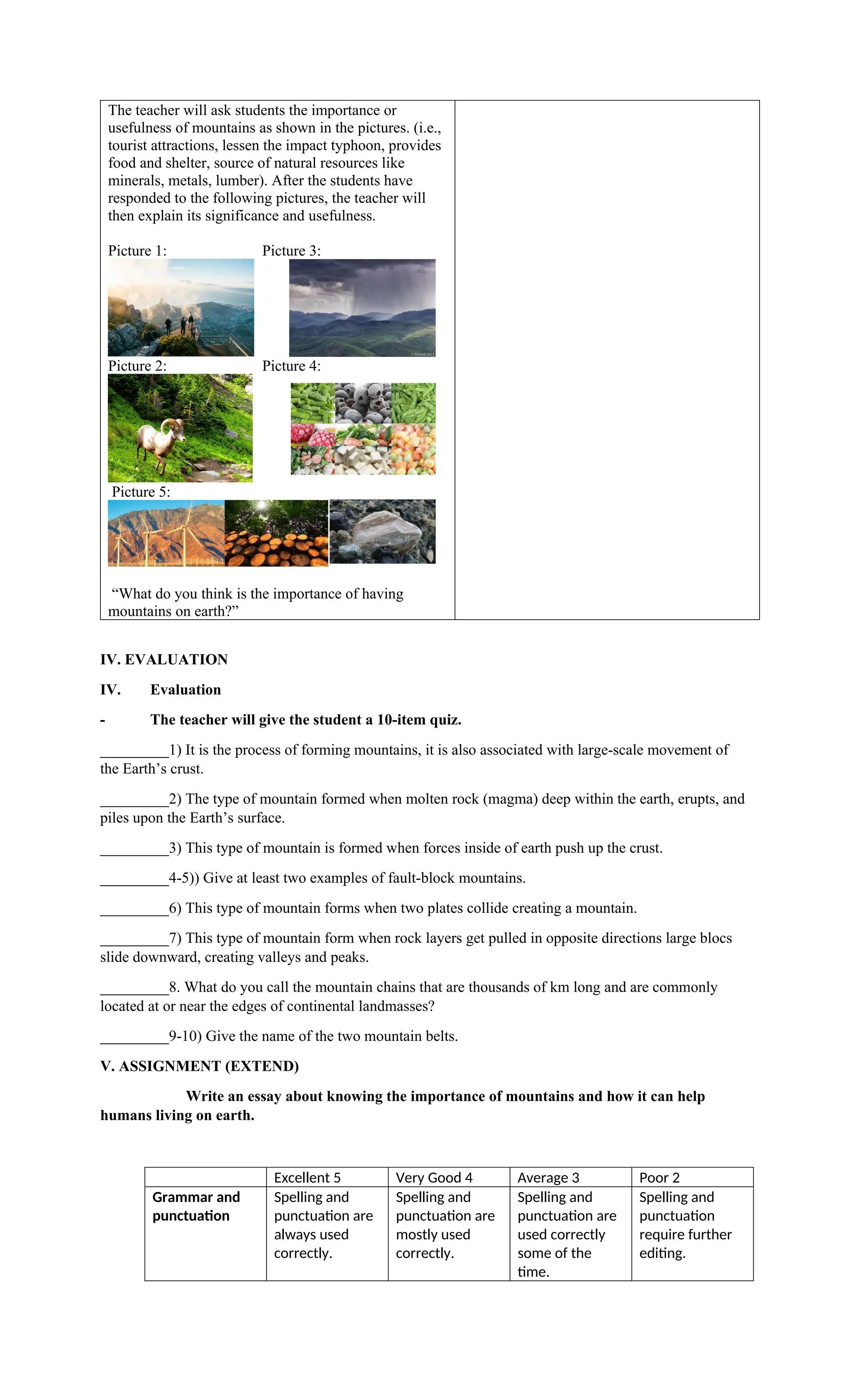 Mountains lesson plan for grade 10 daidh | DOCX